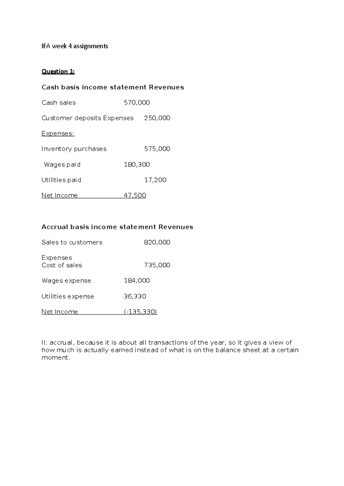 IFA week 4 assignments - IFA week 4 assignments Question 1: Cash basis ...