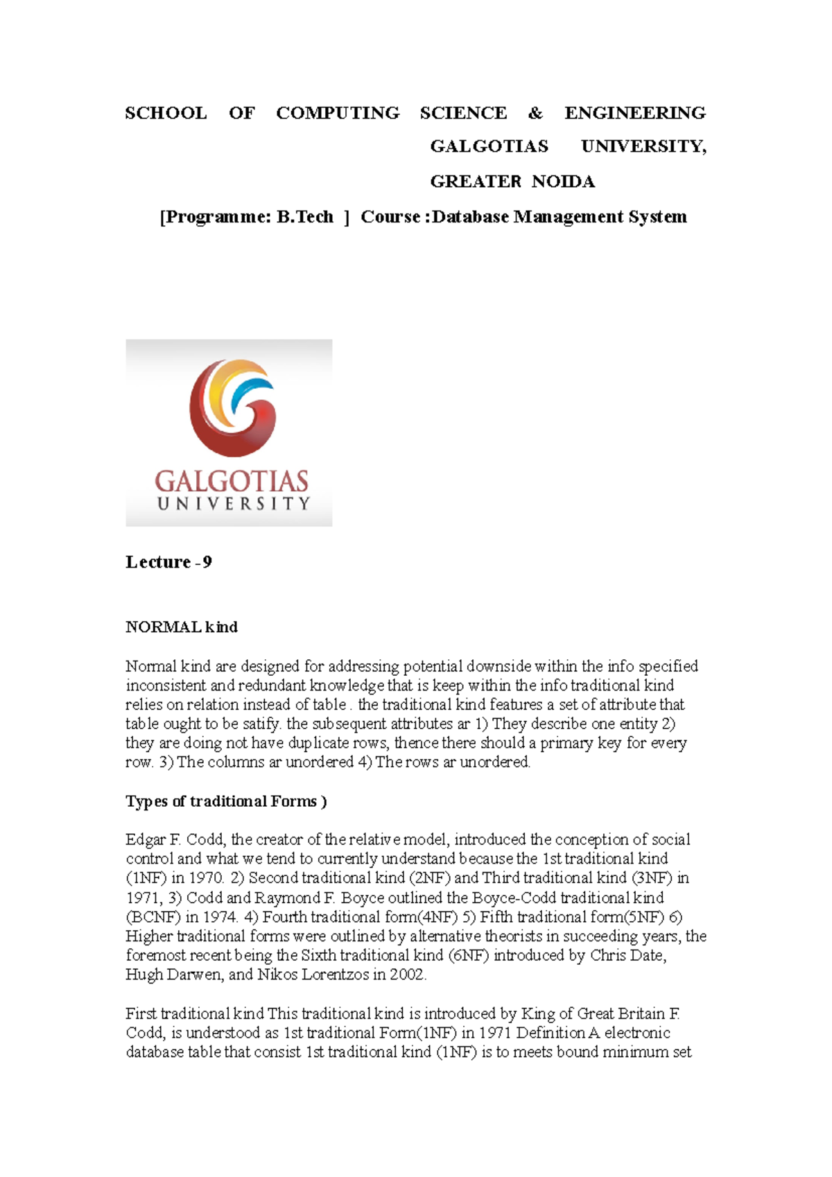 Data base management system lecture 9 @ Galgotias university - SCHOOL OF COMPUTING SCIENCE ...