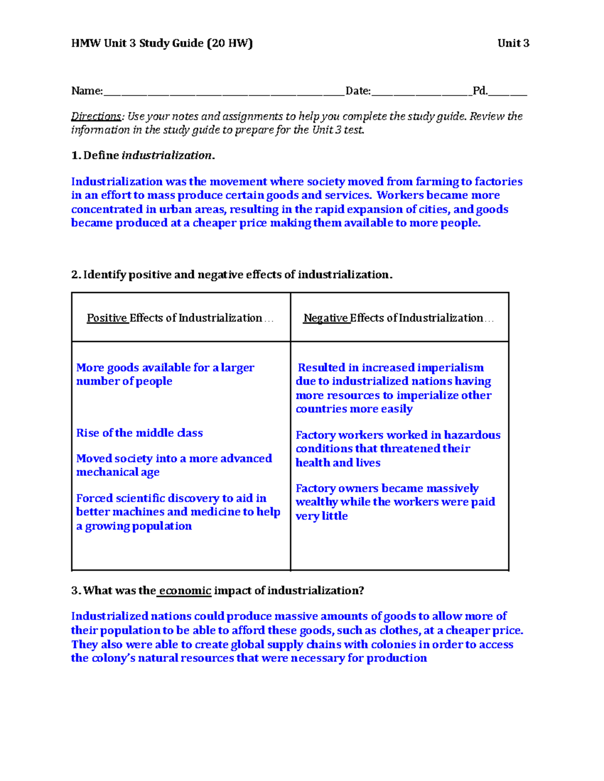 KEY-HMW Unit 3 Study Guide (20 HW) - - Studocu