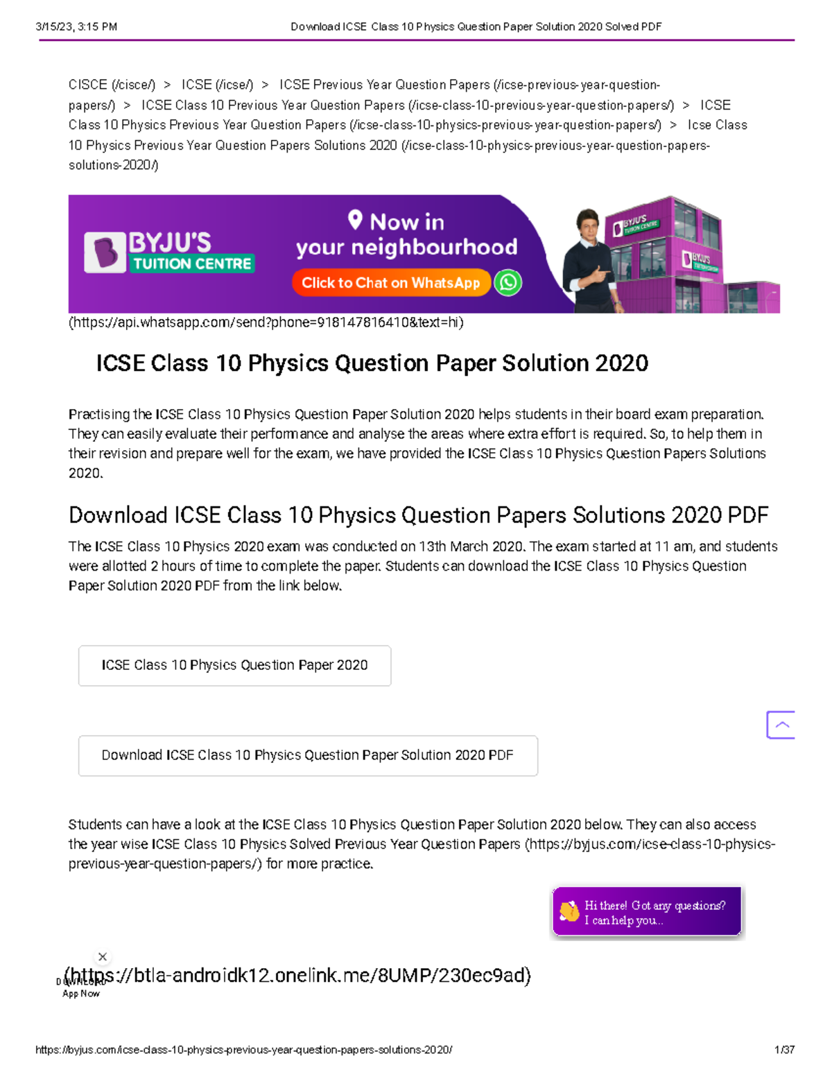 Download ICSE Class 10 Physics Question Paper Solution 2020 Solved PDF - CISCE (/cisce/) > ICSE ...