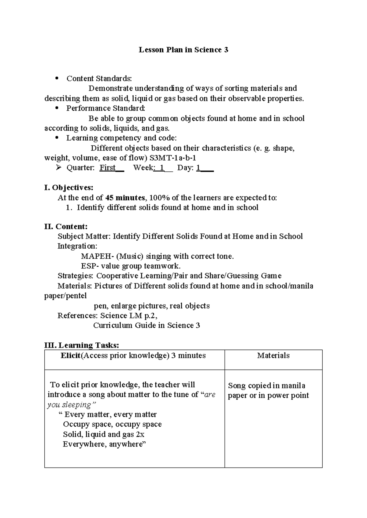 Science 3 Day 1 - Public School Teacher - Lesson Plan in Science 3 ...