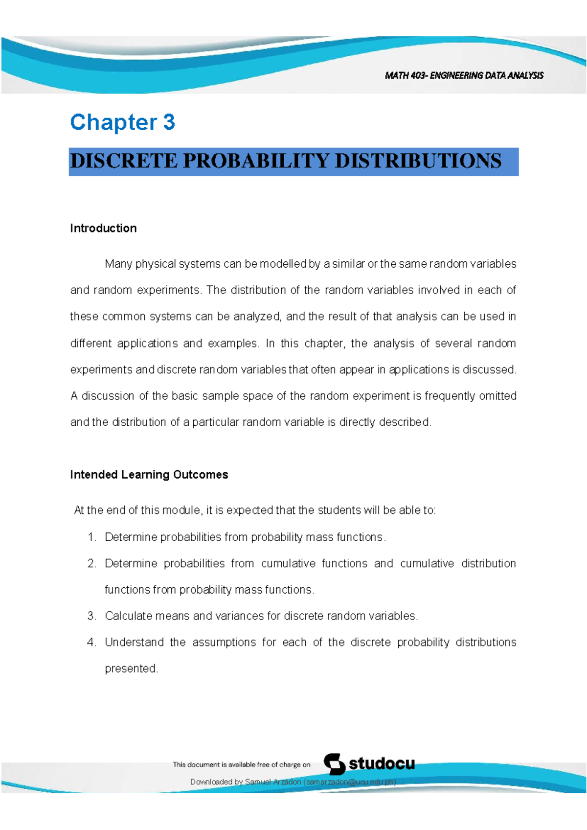 EDA-Chapter 3 - Chapter 3 DISCRETE PROBABILITY DISTRIBUTIONS Introduction Many physical systems ...