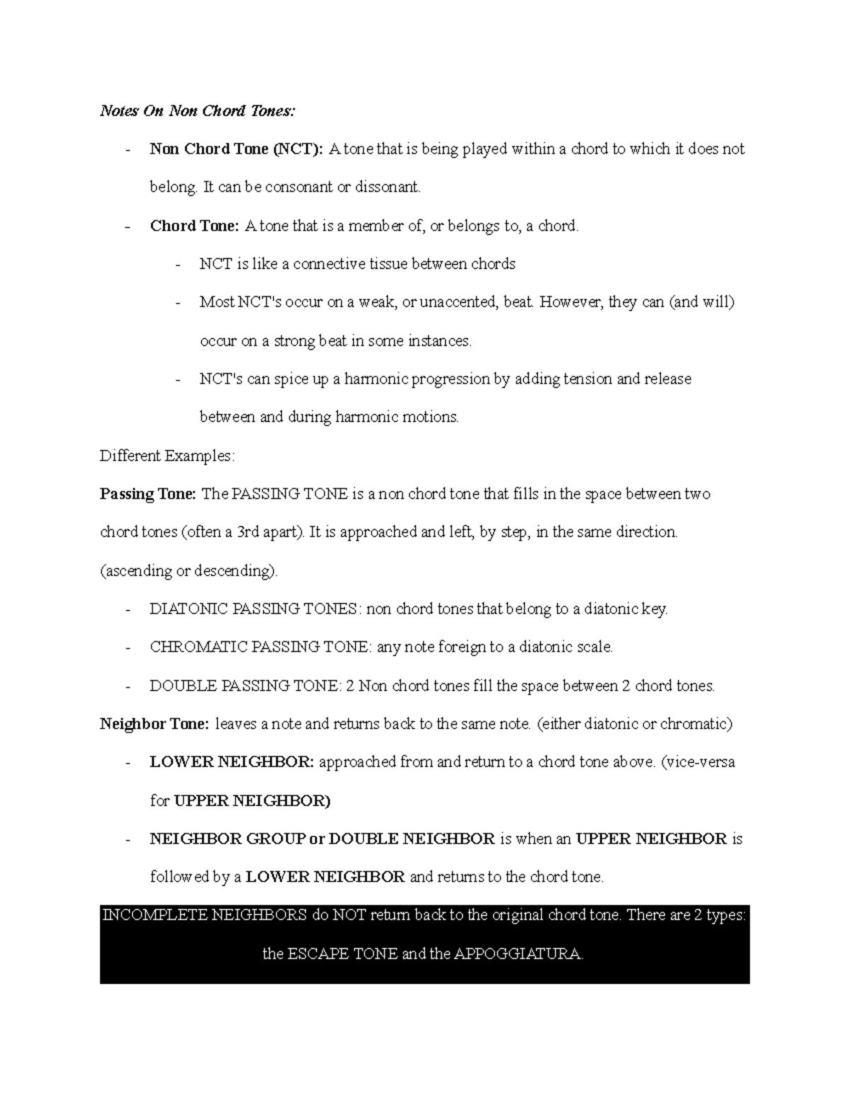 Notes On Non Chord Tones (NCT) - Notes On Non Chord Tones: - Non Chord ...