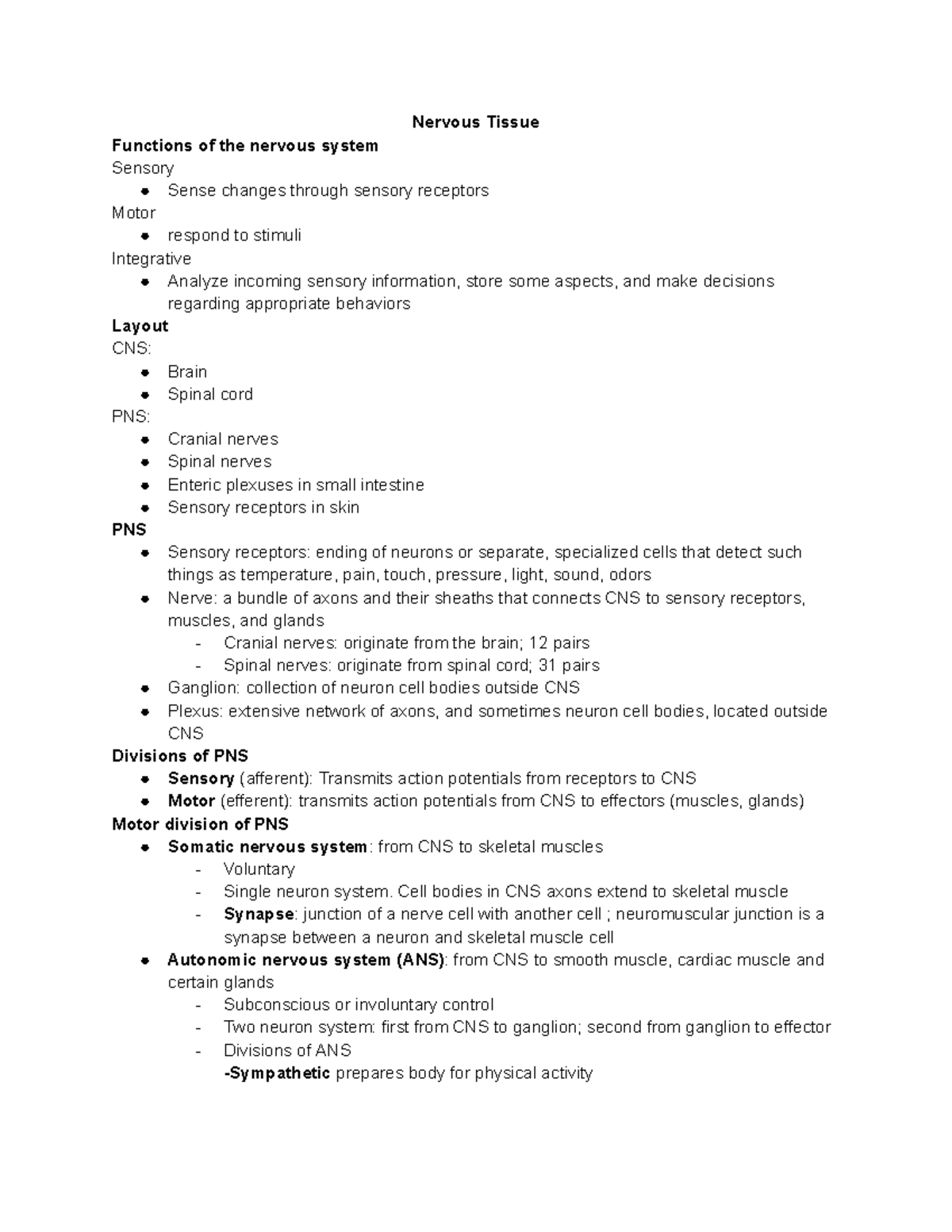 Chapter 12 Nervous Tissue - Nervous Tissue Functions of the nervous ...
