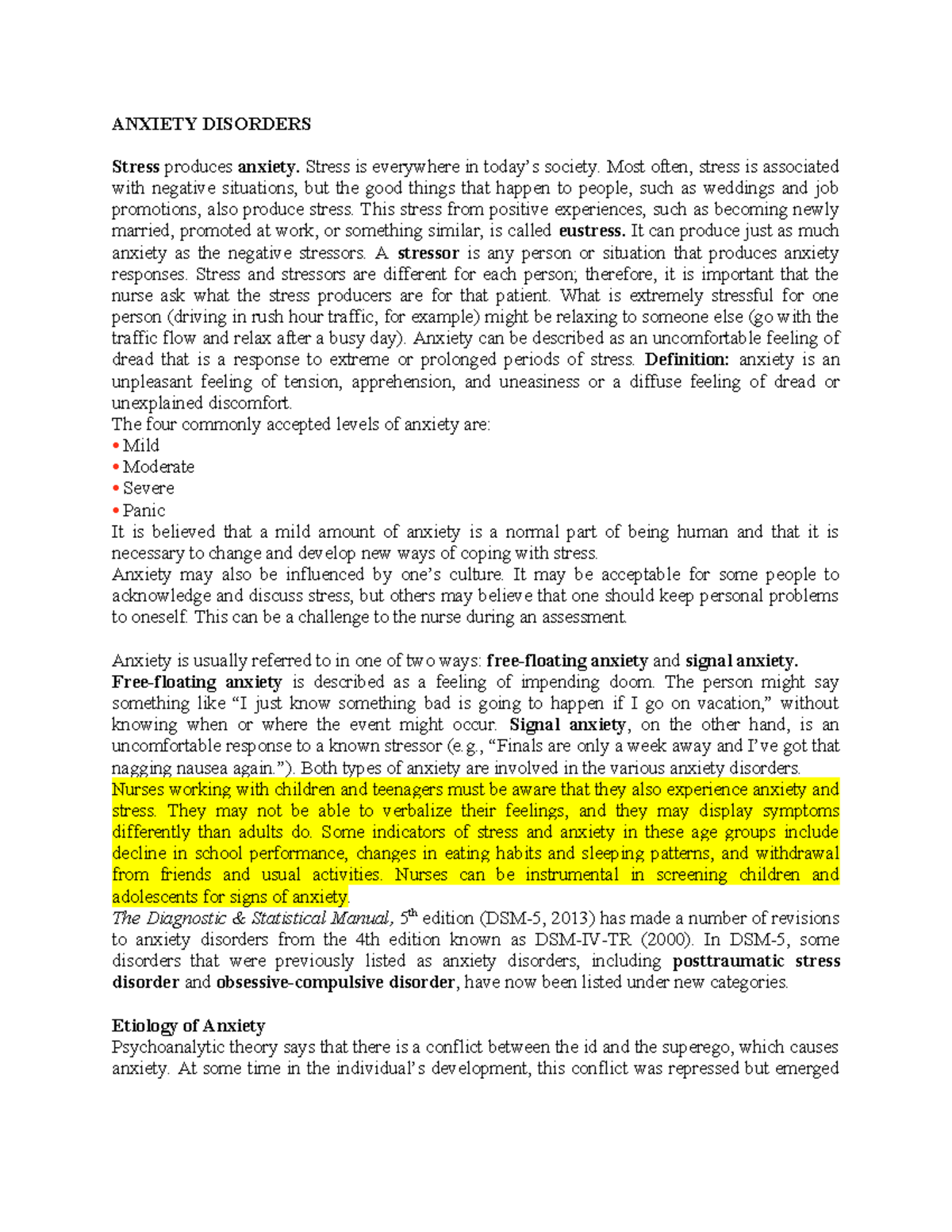 Anxiety Lecture NOTE - ANXIETY DISORDERS Stress produces anxiety ...