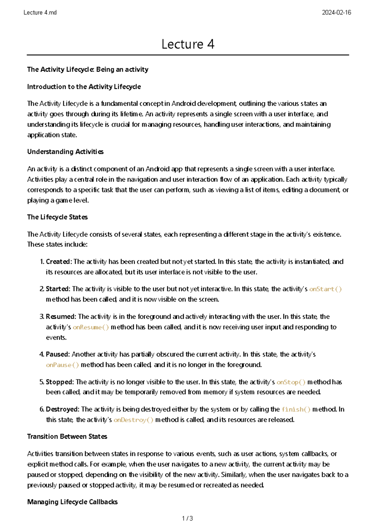 Lecture 4 - nil - Lecture 4 2024-02- 1 / 3 Lecture 4 The Activity Lifecycle: Being an activity ...