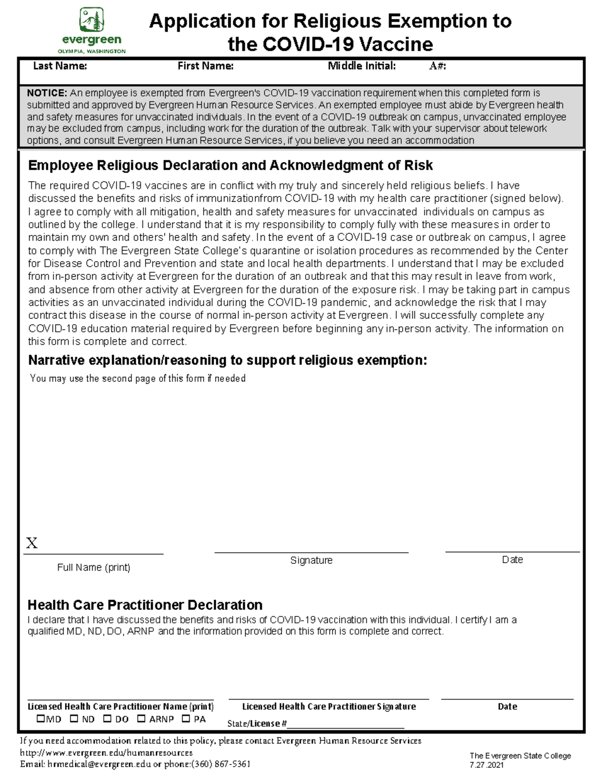 Employee Religious Exemption Form - Last Name: First Name: Middle ...