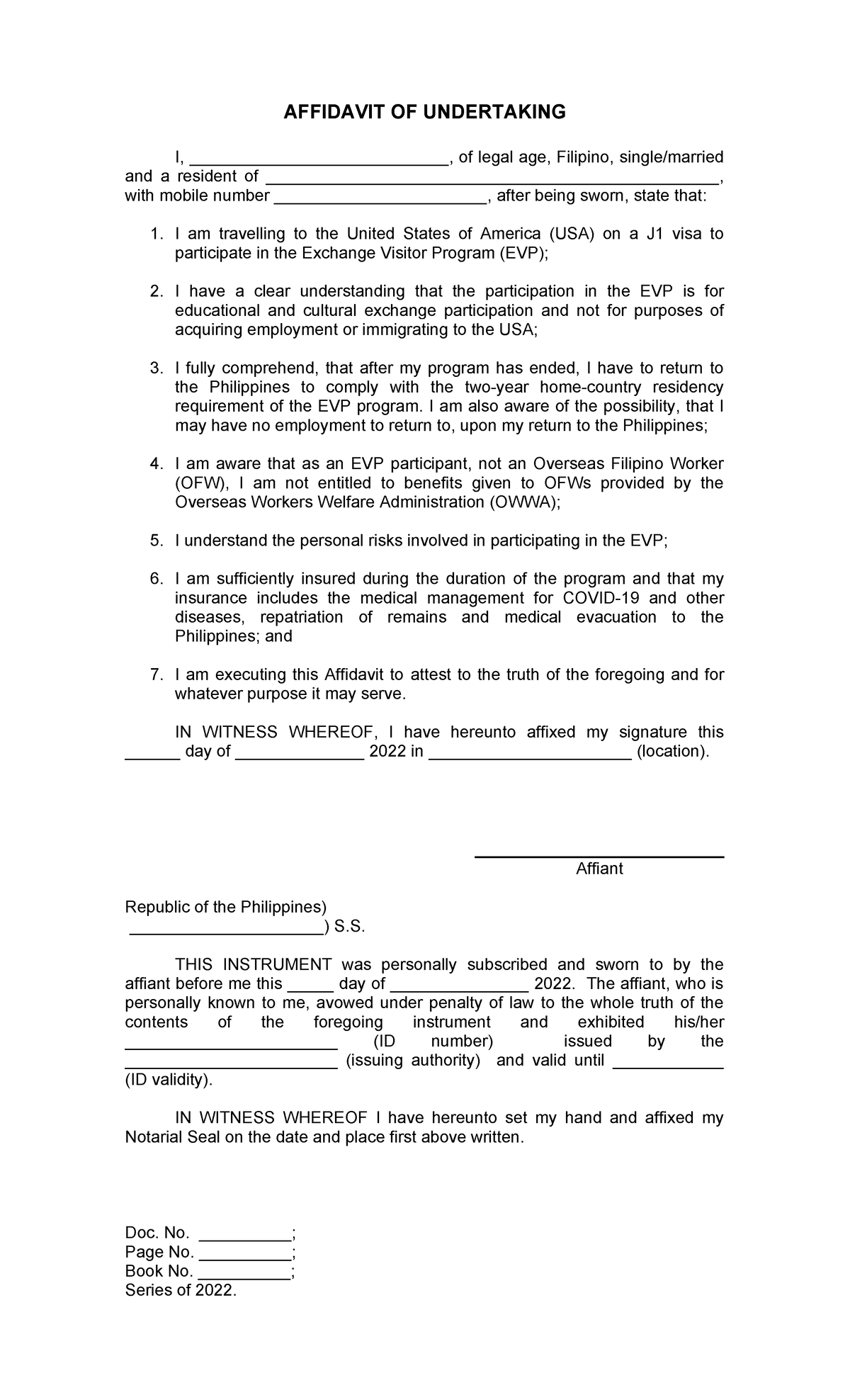 Affidavit of Undertaking for J1 Visa Holders 3.3.22 - AFFIDAVIT OF ...