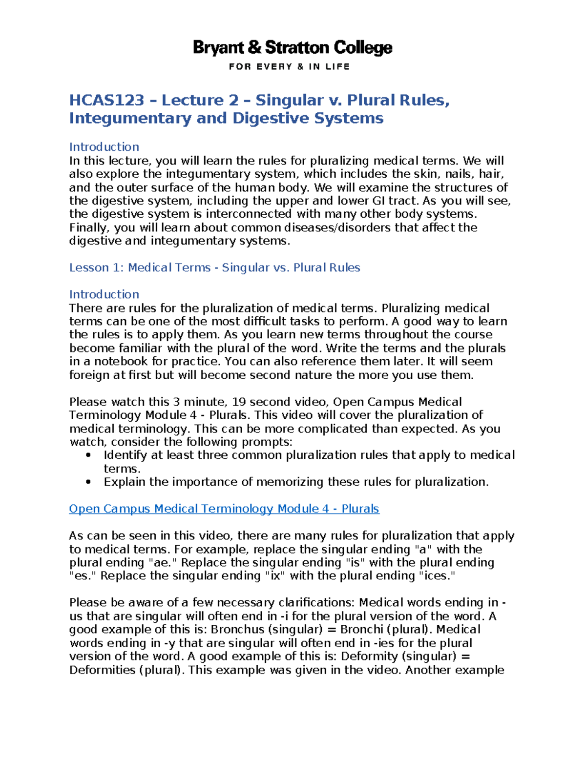 HCAS123 - Lecture 2 - Singular v. Plural Rules, Integumentary, and ...