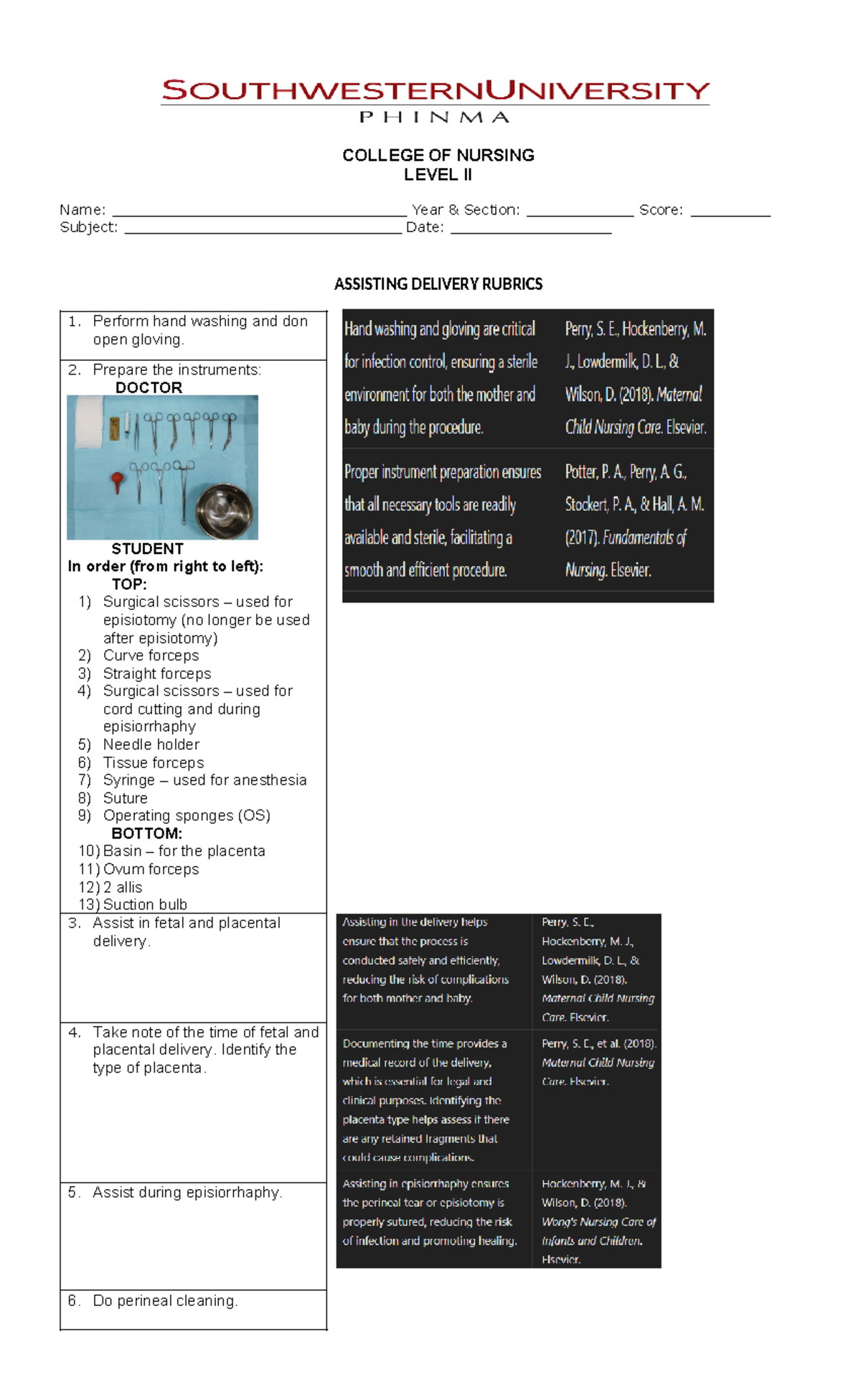 6. Assisting Delivery - RLE - COLLEGE OF NURSING LEVEL II Name