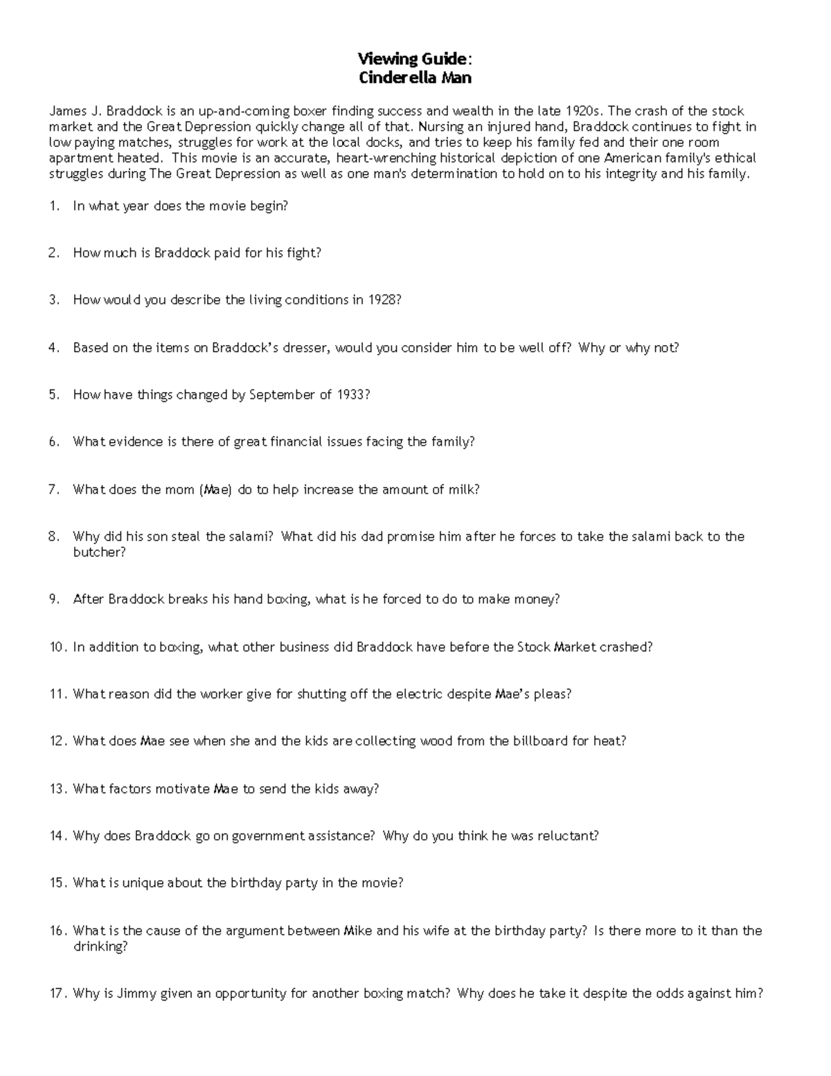 Cinderella Man Viewing Guide - Viewing Guide: Cinderella Man James J ...