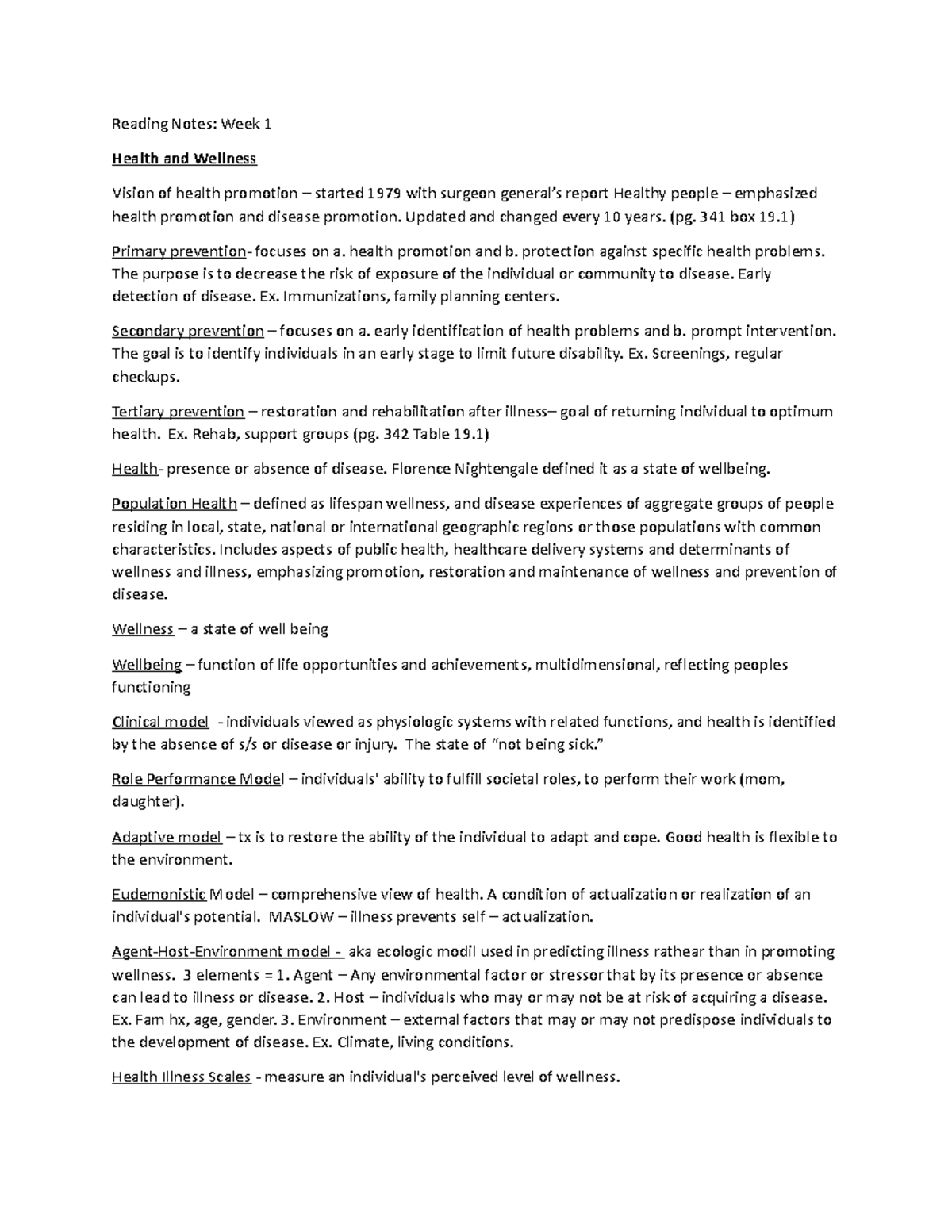 Health wellness notes - Reading Notes: Week 1 Health and Wellness ...