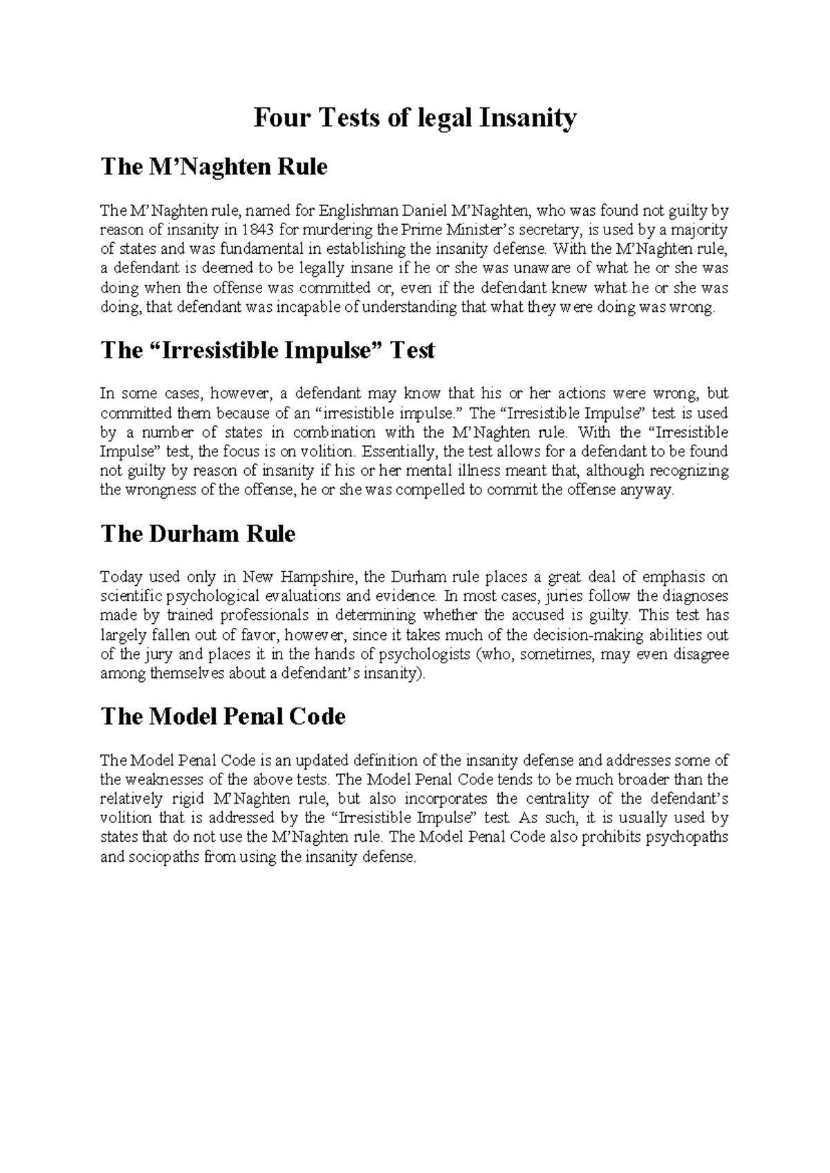 Legal insanity - Four Tests of legal Insanity The M’Naghten Rule The M ...