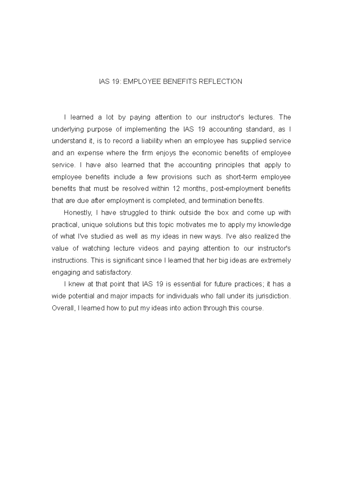 Reflection on employee benefits - IAS 19: EMPLOYEE BENEFITS REFLECTION ...