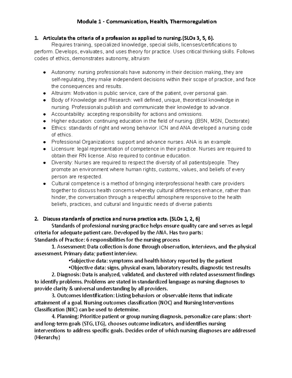 Module 1 - Study Guide - NUR1020C fcj - Articulate the criteria of a ...