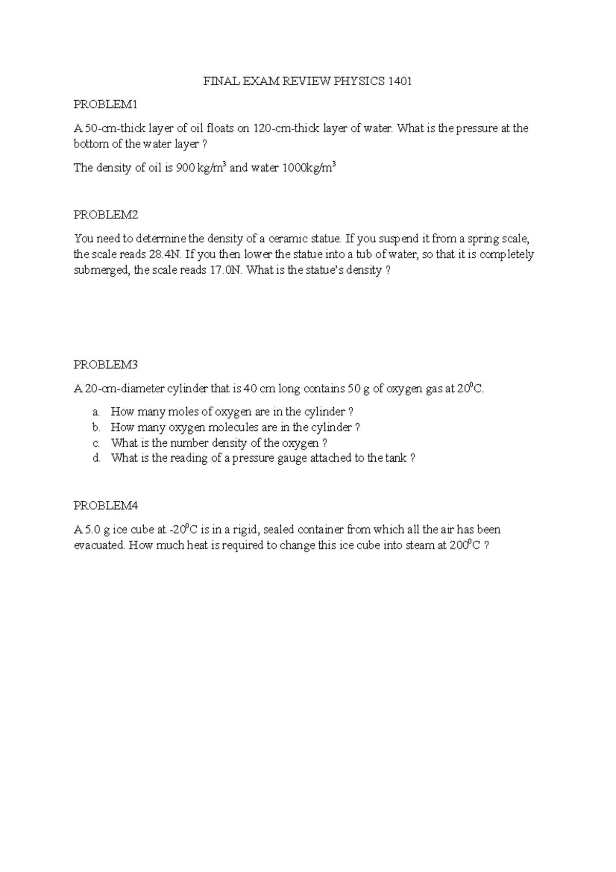 Final EXAM Review Physics 1401- Class - FINAL EXAM REVIEW PHYSICS 1401 ...