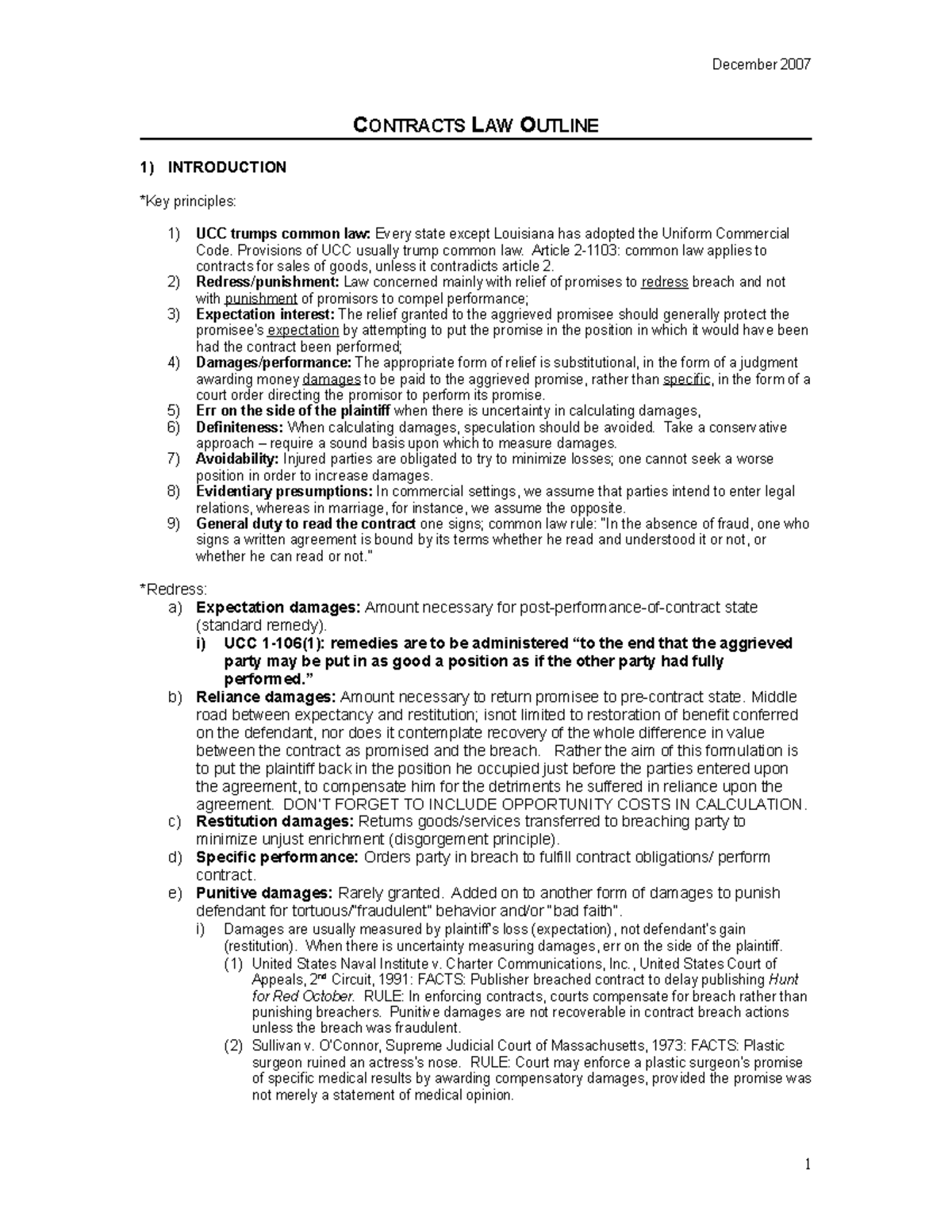 Contracts Murphy Fall 07 - CONTRACTS LAW OUTLINE 1) INTRODUCTION *Key ...