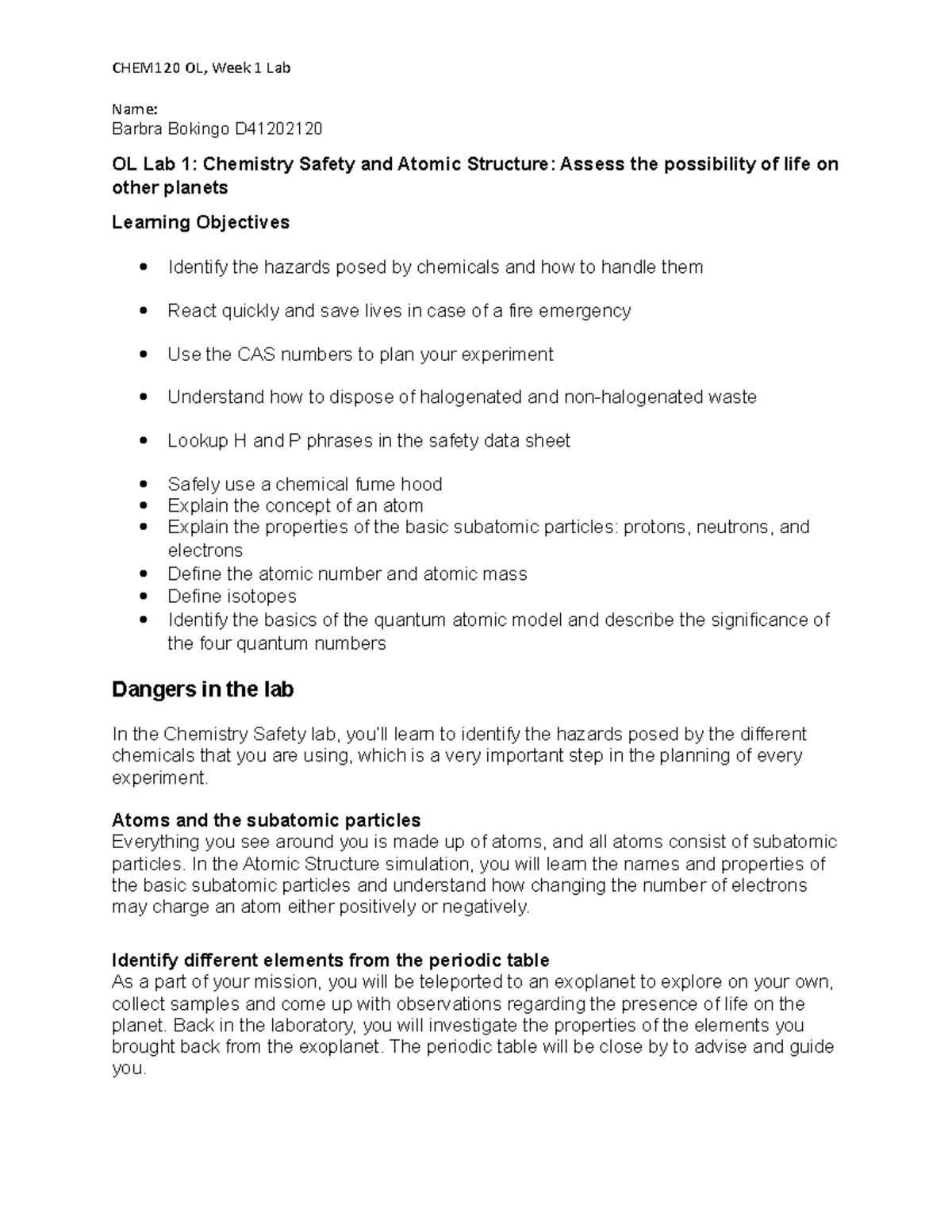 Week 1 lab safety and atomic structures - Name: Barbra Bokingo D OL Lab ...