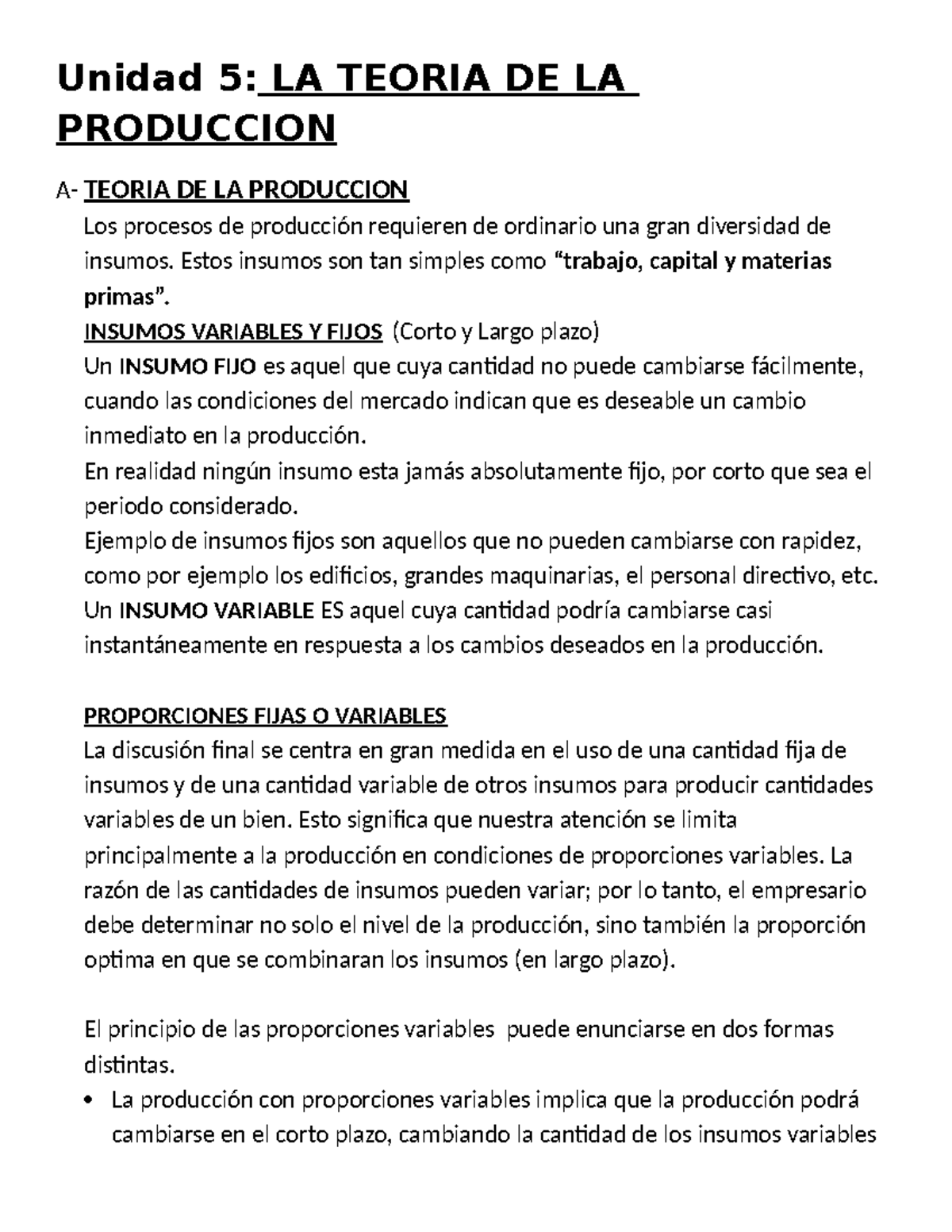 U5 Teoria de la produccion - Unidad 5: LA TEORIA DE LA PRODUCCION A- TEORIA DE LA PRODUCCION Los ...