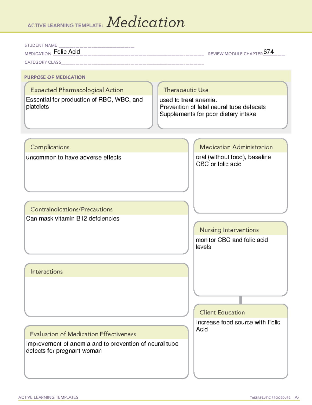 Med templates exam 1 - Medication template for exam - ACTIVE LEARNING ...