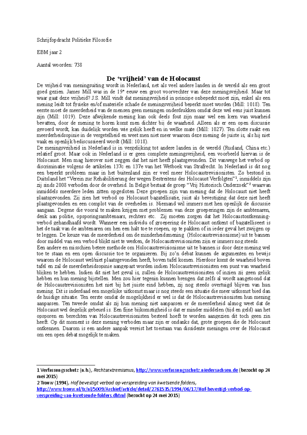 Werkstuk "De ‘vrijheid’ van de Holocaust" - Schrijfopdracht Politieke ...