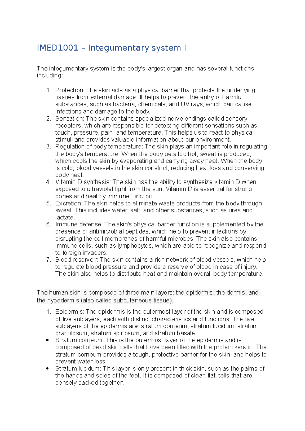 IMED1001-Integ Sys 1 - Integumentary system I lecture notes + practice ...