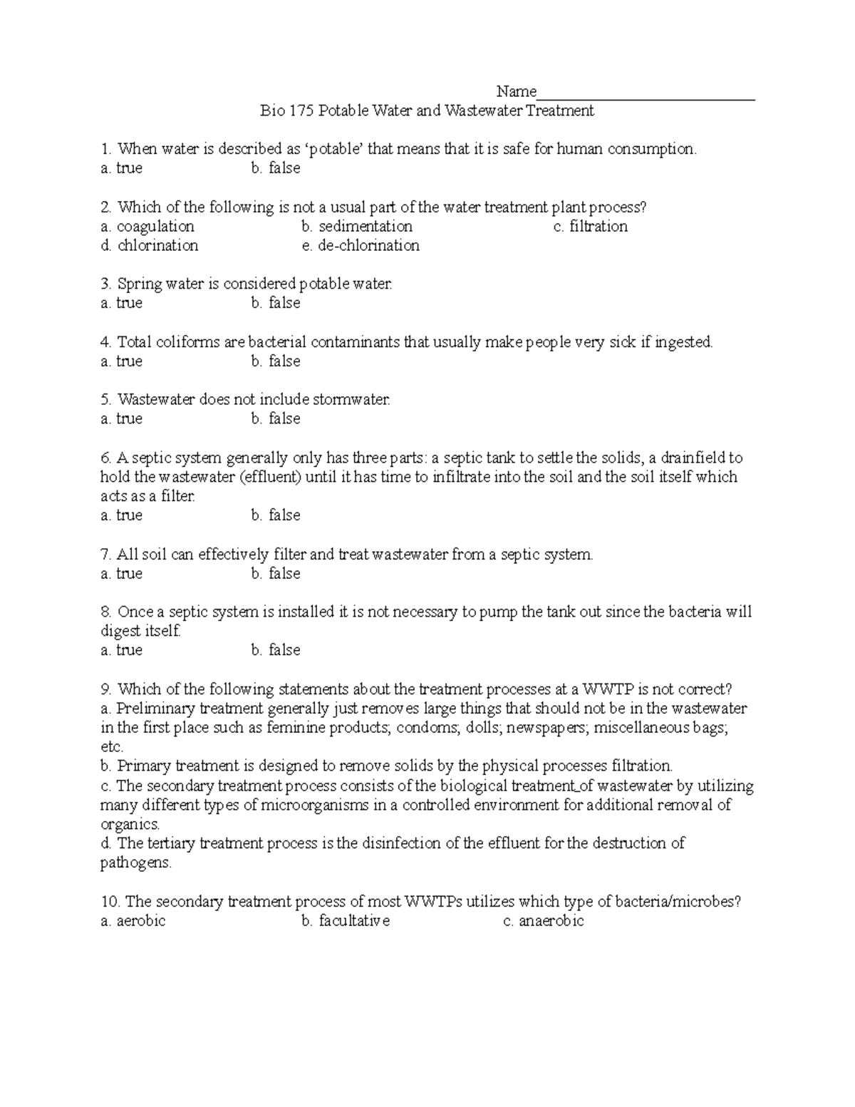 Water and wastewater worksheet questions for micro - Name ...