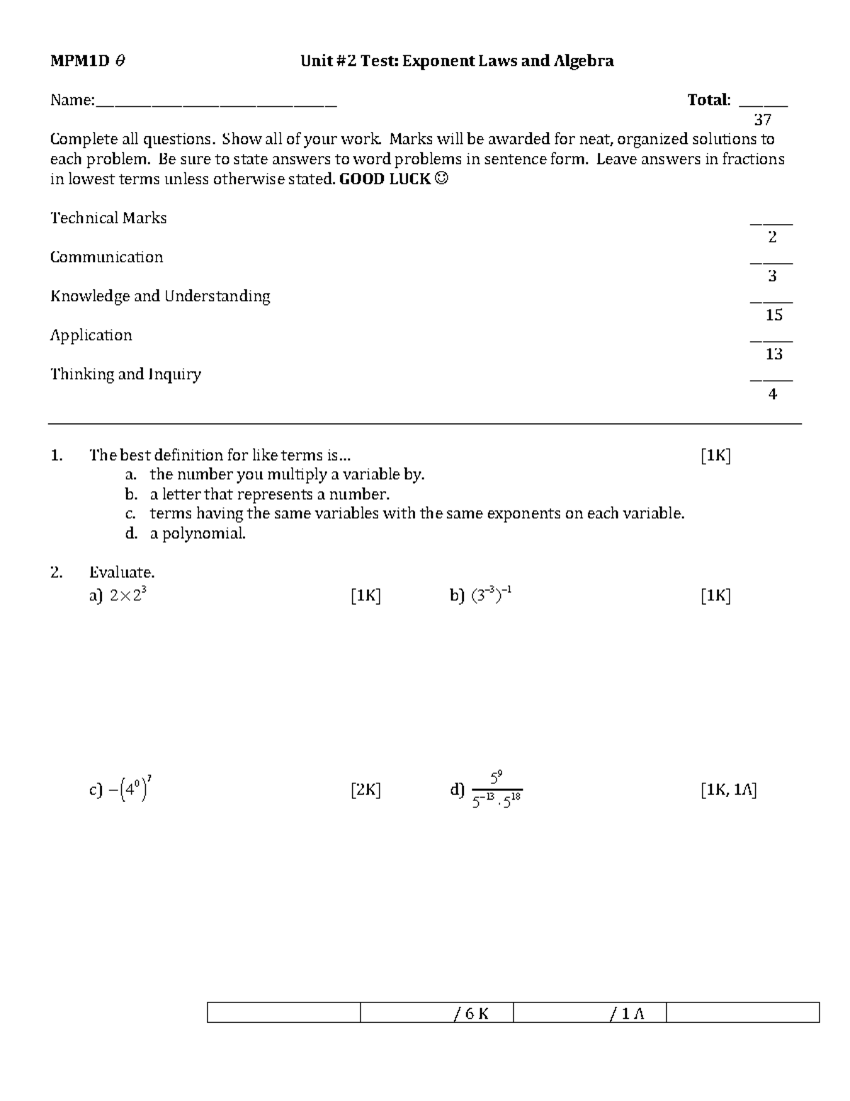 Unit 2 Test 2018-2019 v1 - MPM1D Unit #2 Test: Exponent Laws and ...