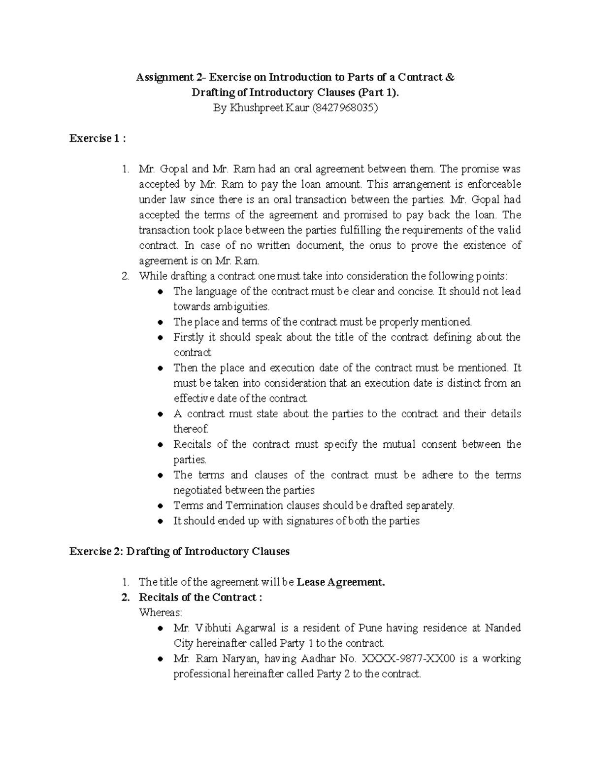 Assignment 2- Exercise on Introduction to Parts of a Contract & - By Khushpreet Kaur (8427968035 ...