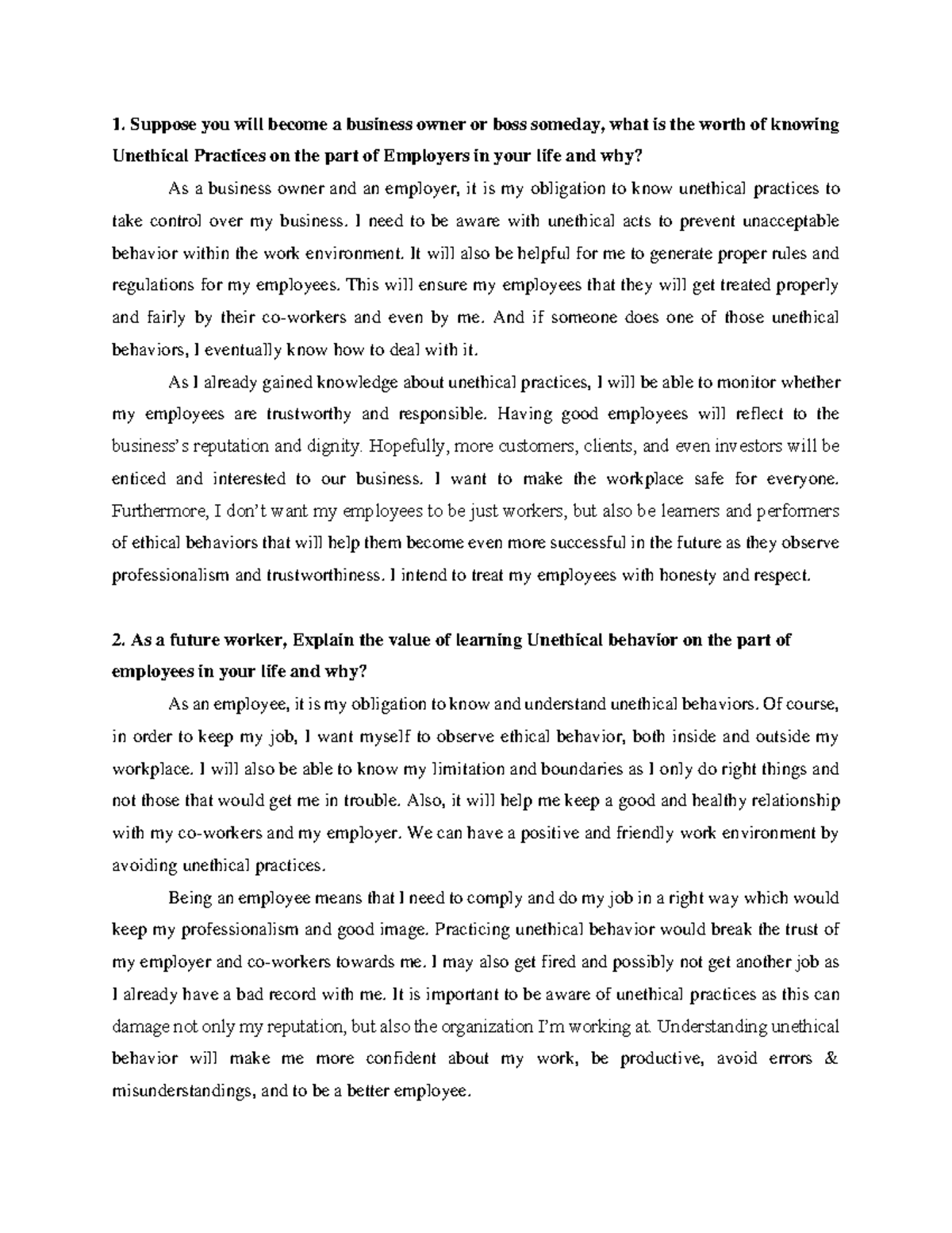 Unethical Practices Activity - 1. Suppose you will become a business ...