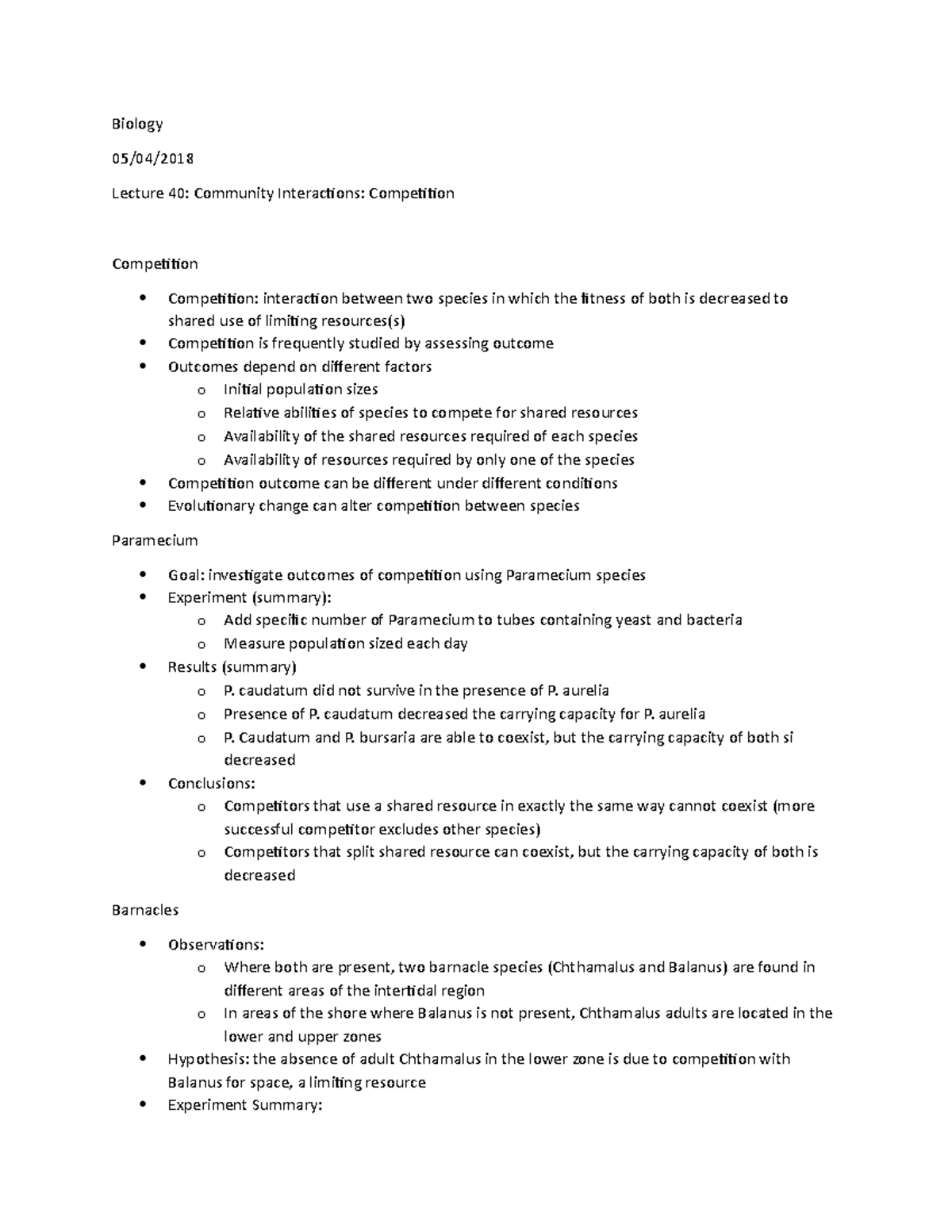 Lecture 40 Community Interactions Competition - Biology 05/04/ Lecture ...