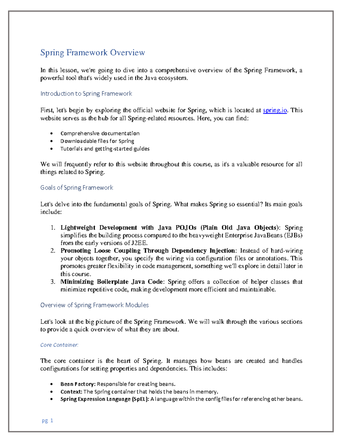 05. Spring Framework Overview - pg. 1 Spring Framework Overview In this ...