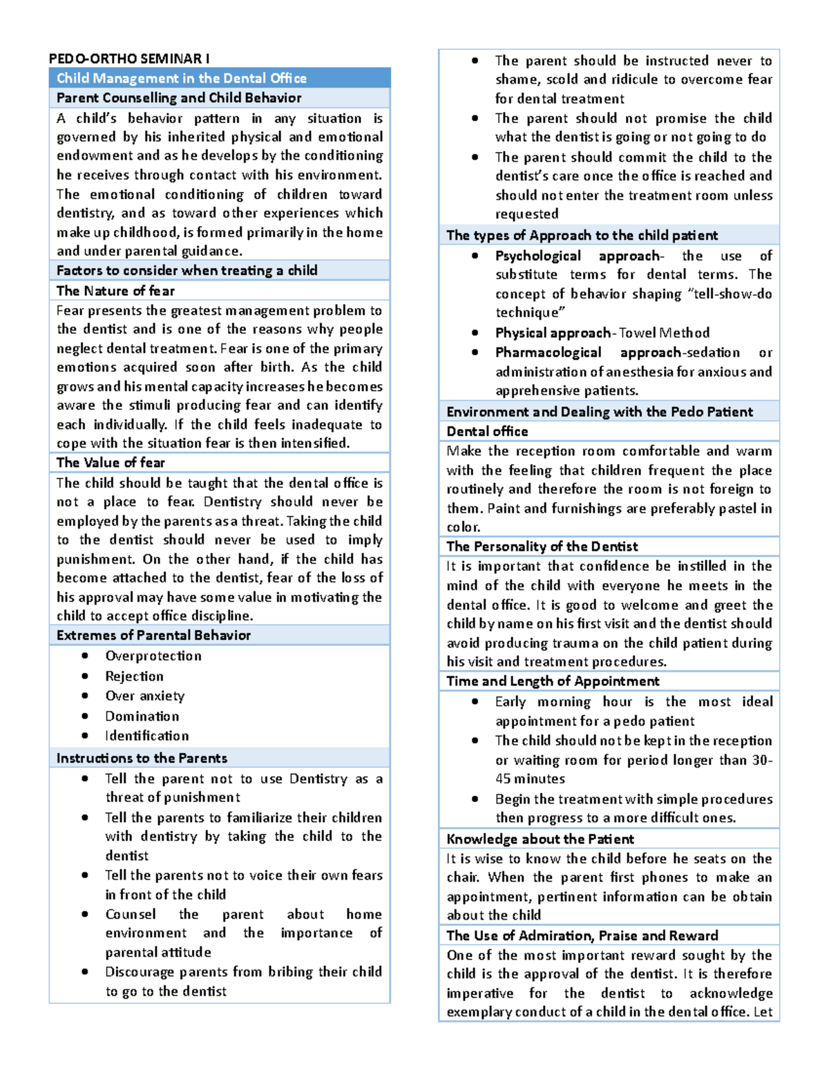 CC Ortho PEDO Prelims - PEDO-ORTHO SEMINAR I Child Management in the Dental Office Parent - Studocu