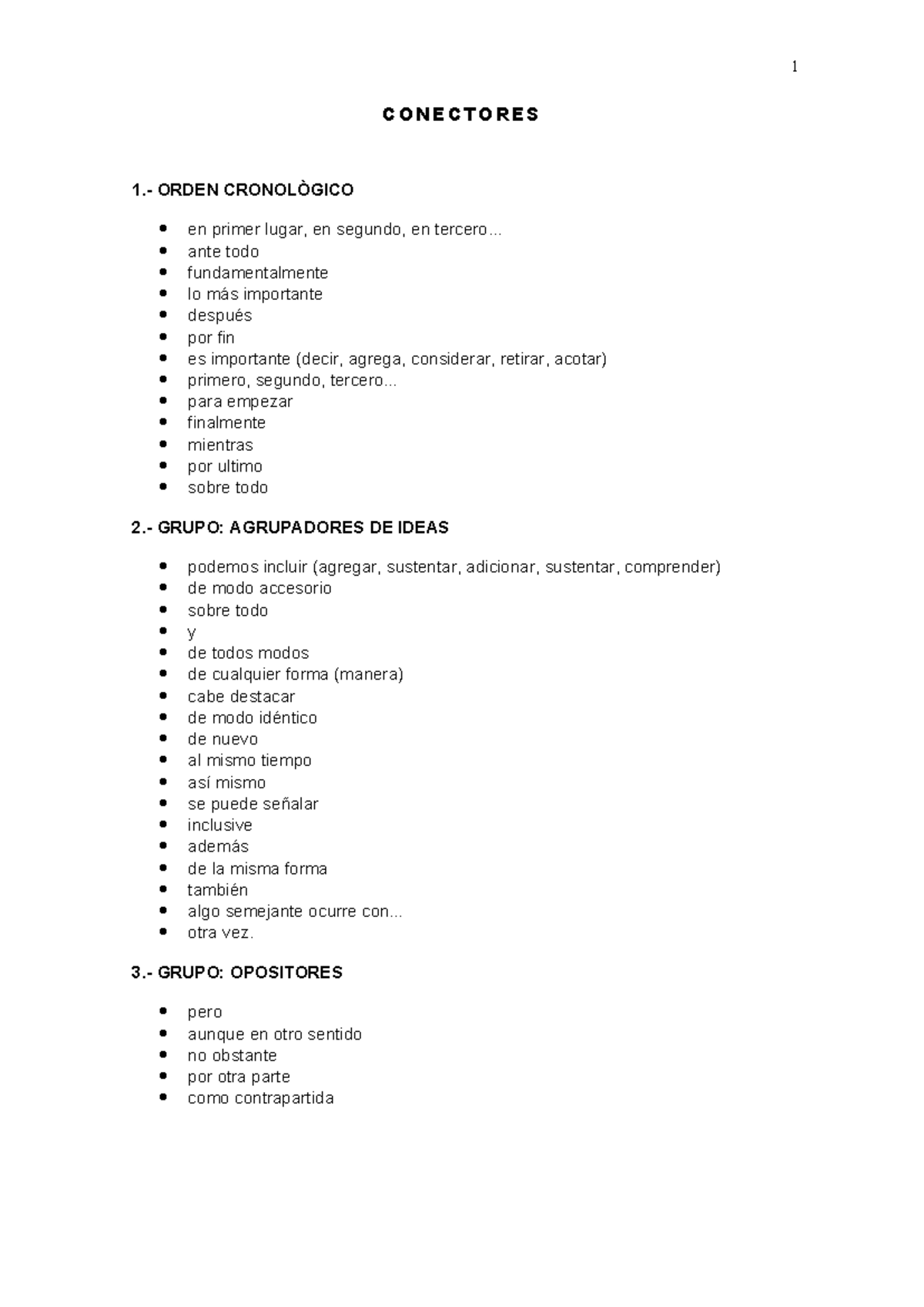 Lista Conectores DE Parrafos - CONECTORES 1.- ORDEN CRONOLÒGICO en ...