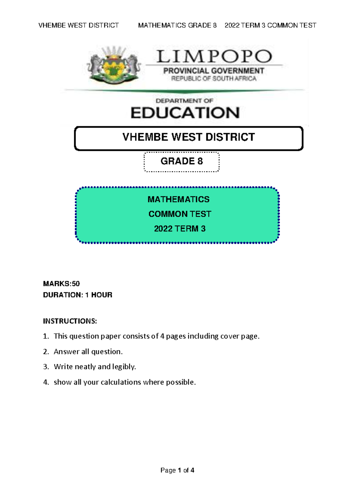 Term 3 Math Grade 8 Common Test 1 - MARKS: DURATION: 1 HOUR ...