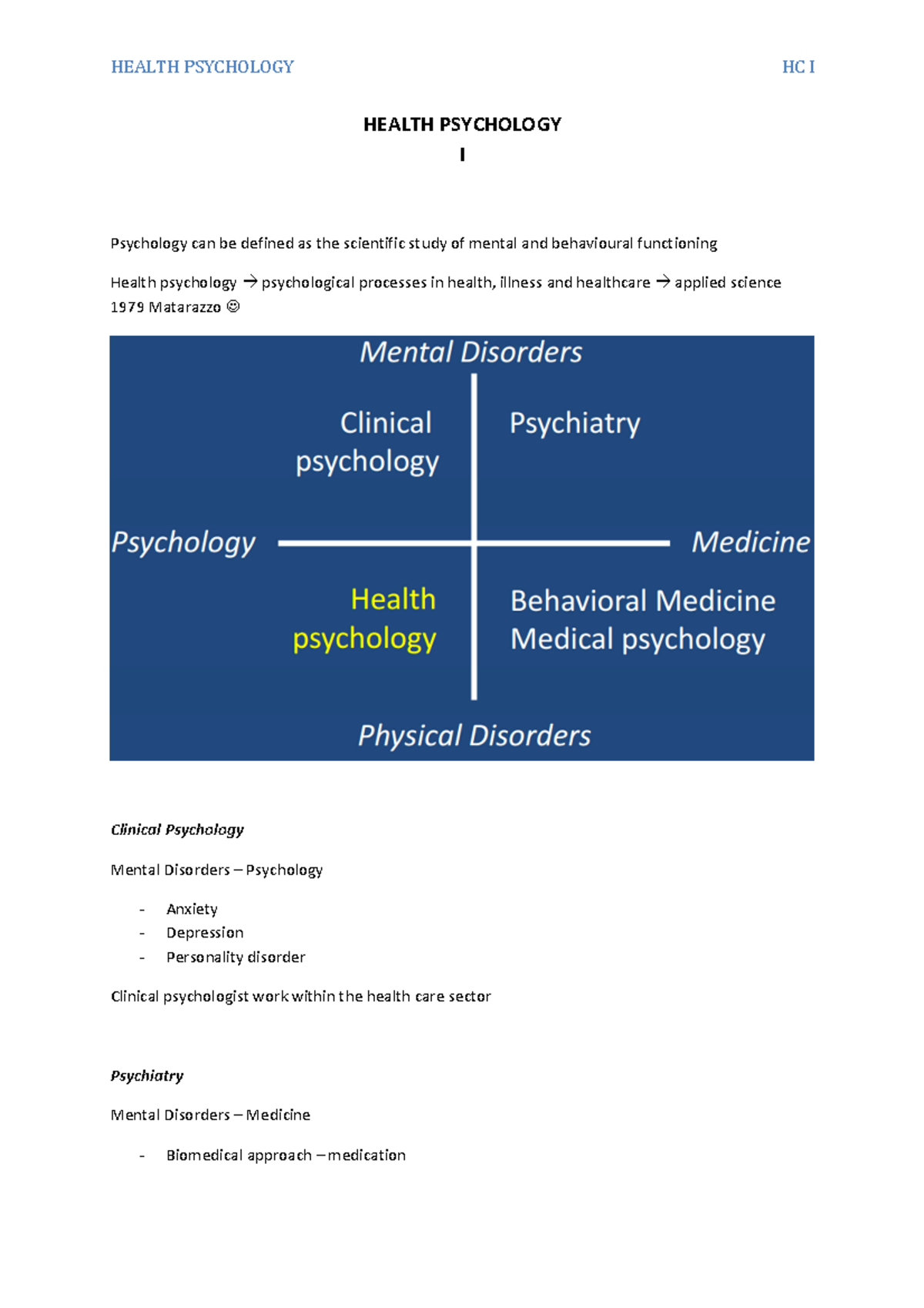 Notes Introduction to Psychology and Health, Lecture 1-12 - HEALTH ...