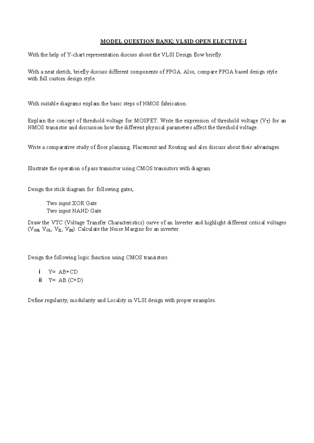 Model Question BANK - VLSID PRACTICE MODULE PAPER. - MODEL QUESTION ...