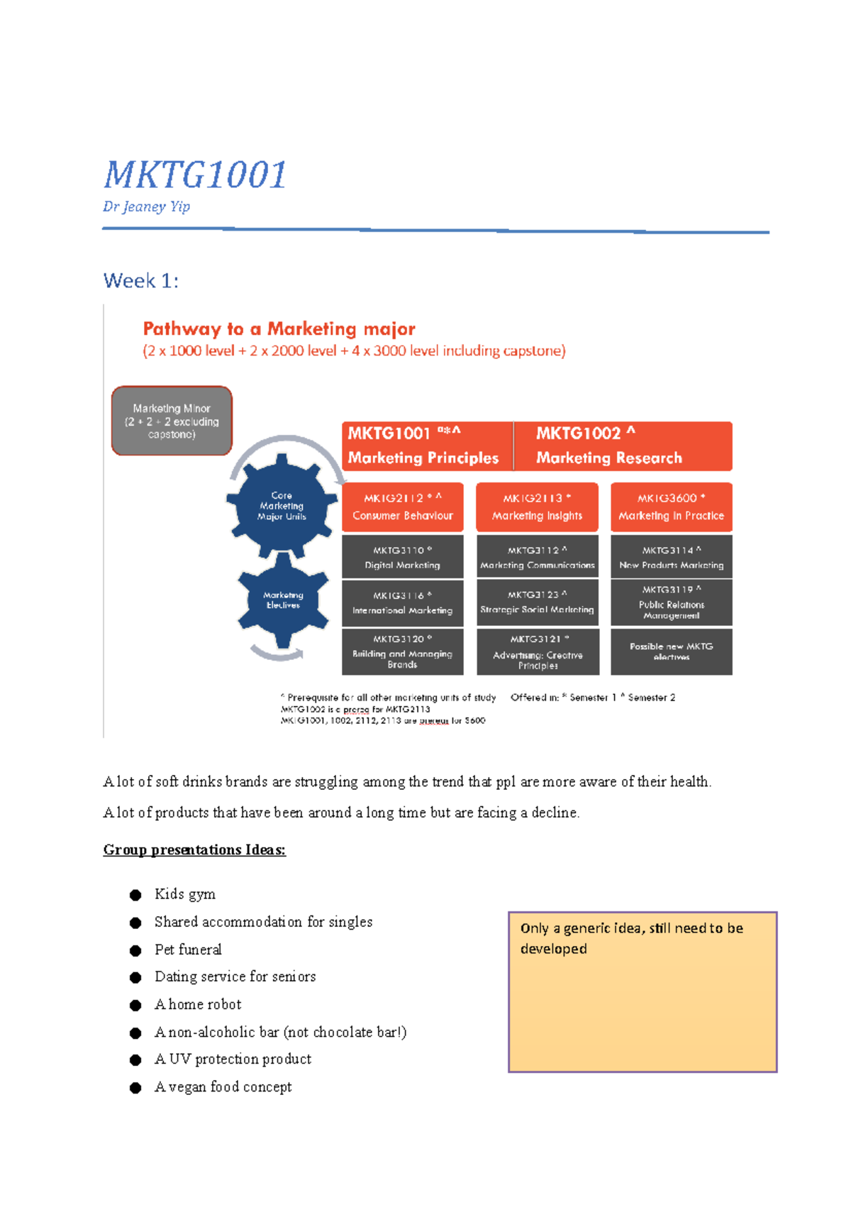 MKTG1001 - Notes (Auto Recovered) - MKTG Dr Jeaney Yip Week 1: A lot of ...