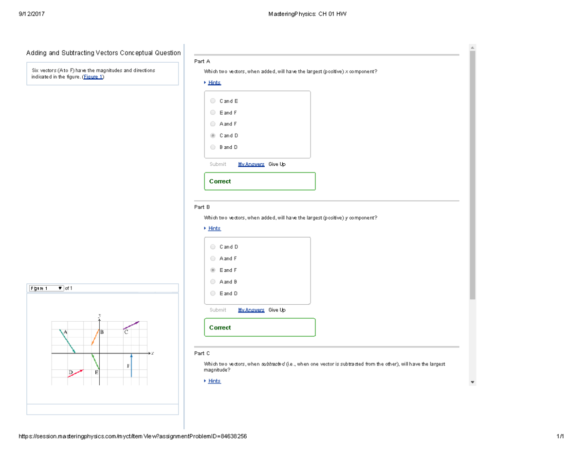 Mastering Physics CH 01 HW p11-1 - MasteringPhysics: CH 01 HW Adding and Subtracting Vectors ...