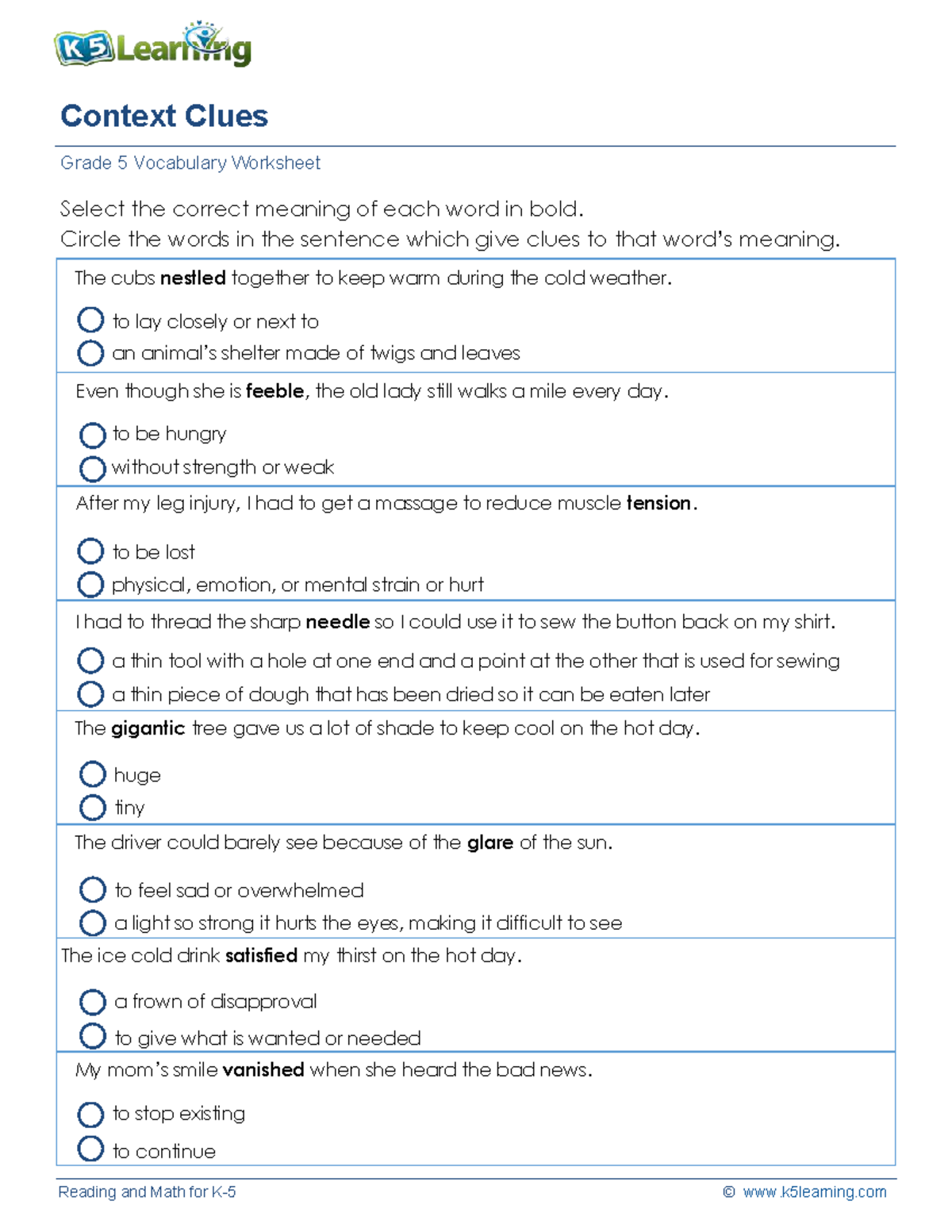 Grade 5 words context clues 1 - Reading and Math for K- 5 © k5learning ...