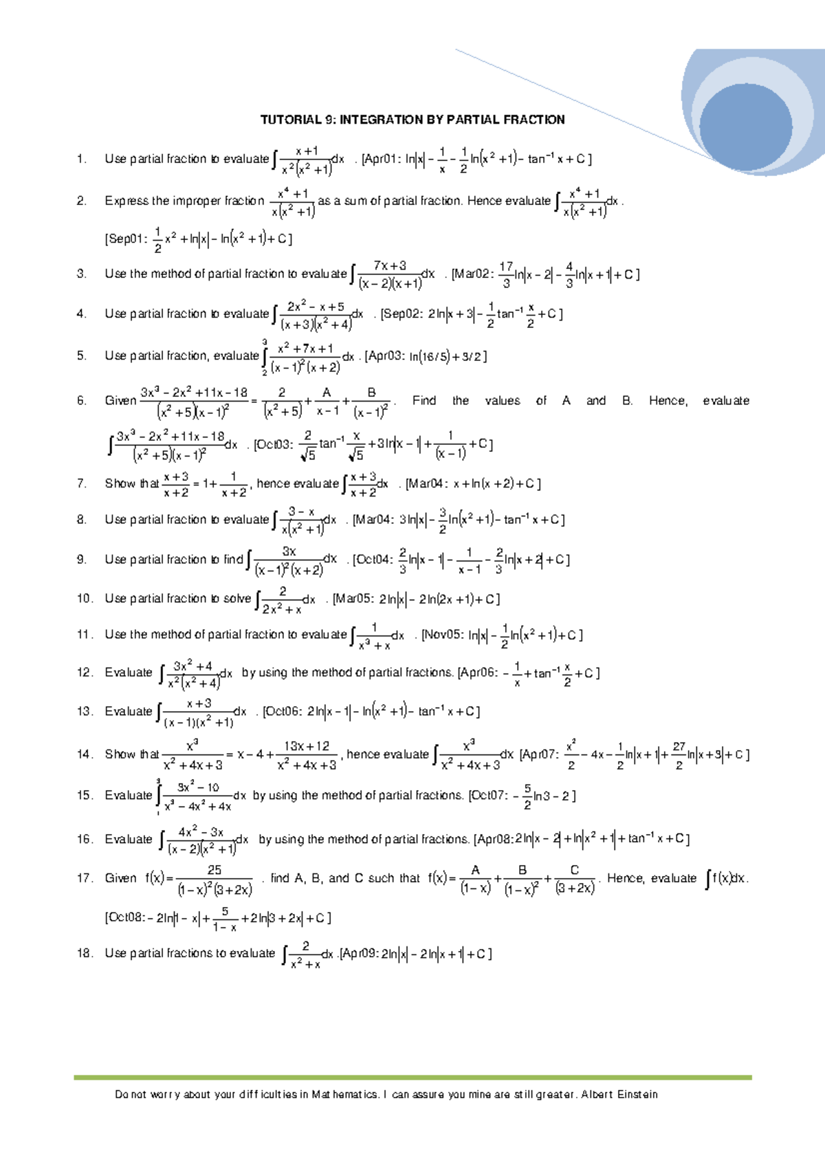 integration BY Partial Fraction - Do not worry about your difficulties ...