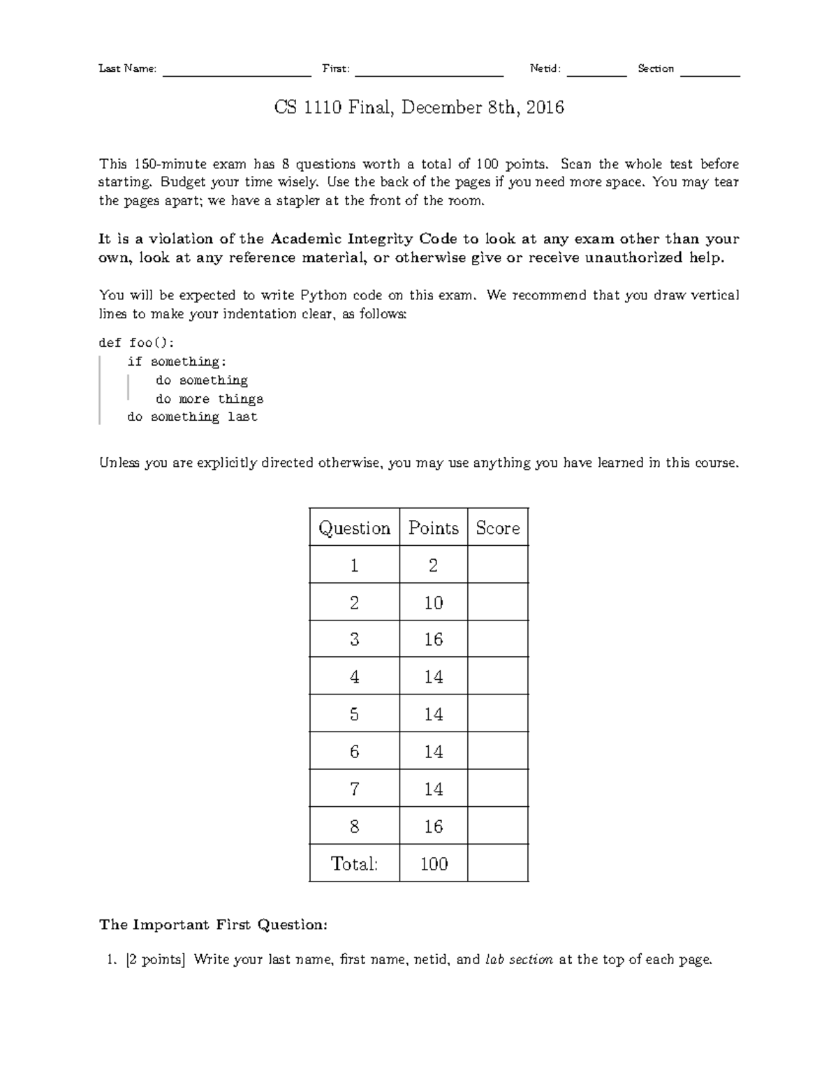 2016 fall final answers - CS 1110 Final, December 8th, 2016 This 150 ...