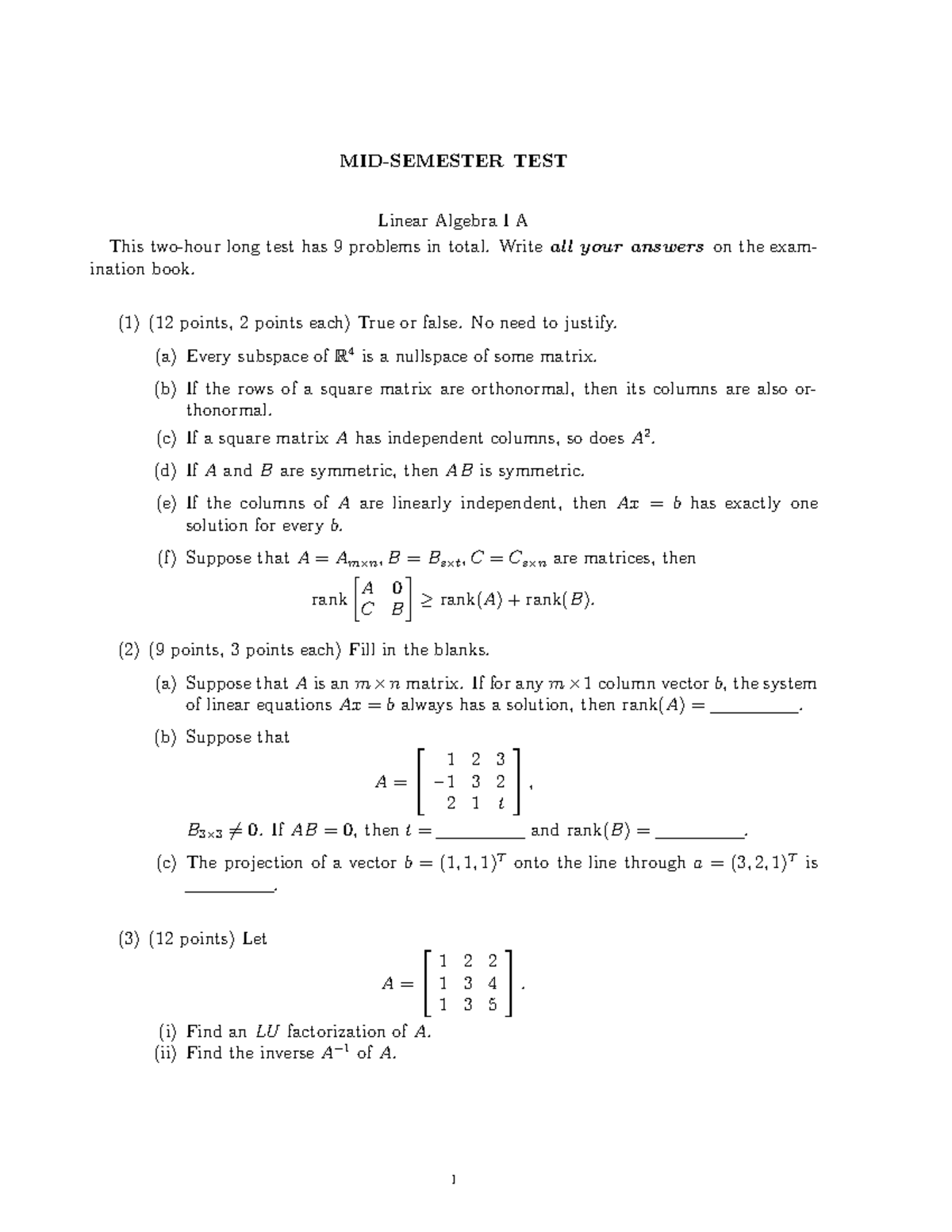 Midterm 16 May 2018, questions - MID-SEMESTER TEST Linear Algebra I A ...