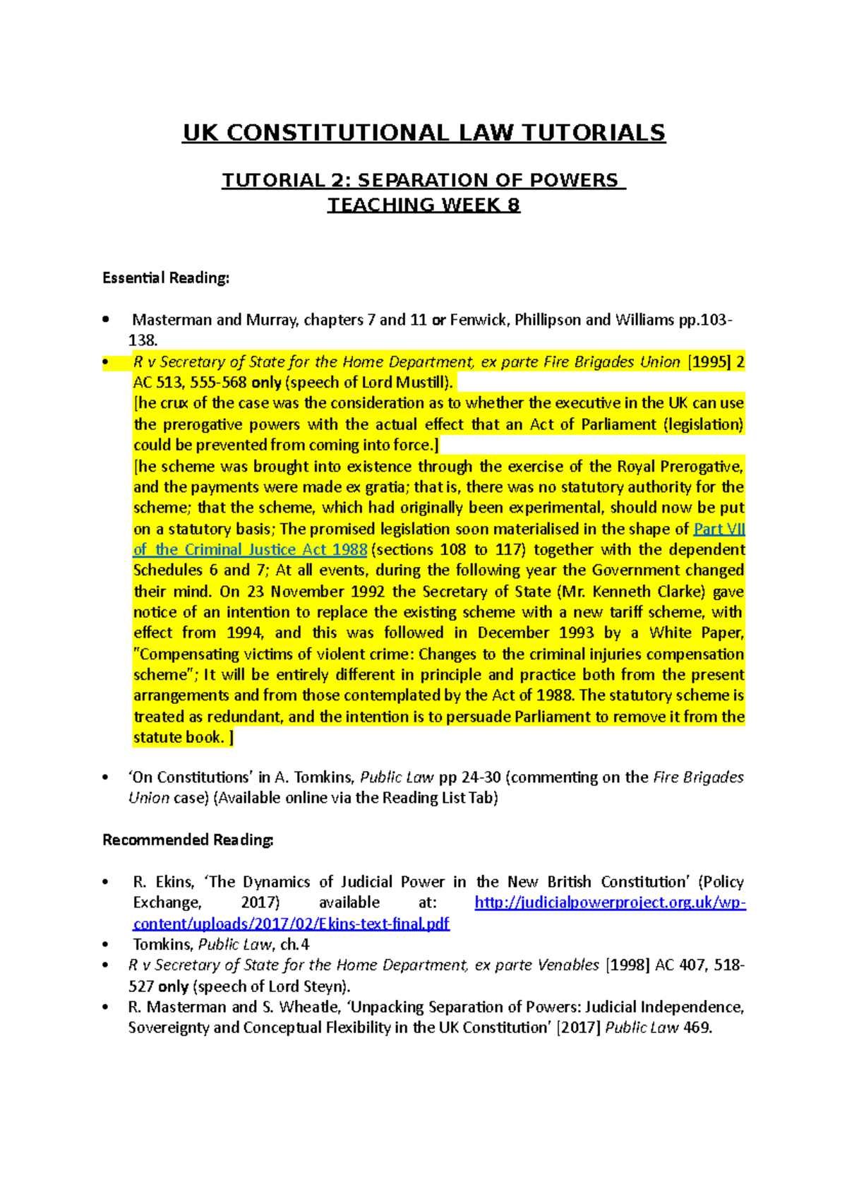Tutorial 2 - UK CONSTITUTIONAL LAW TUTORIALS TUTORIAL 2: SEPARATION OF ...