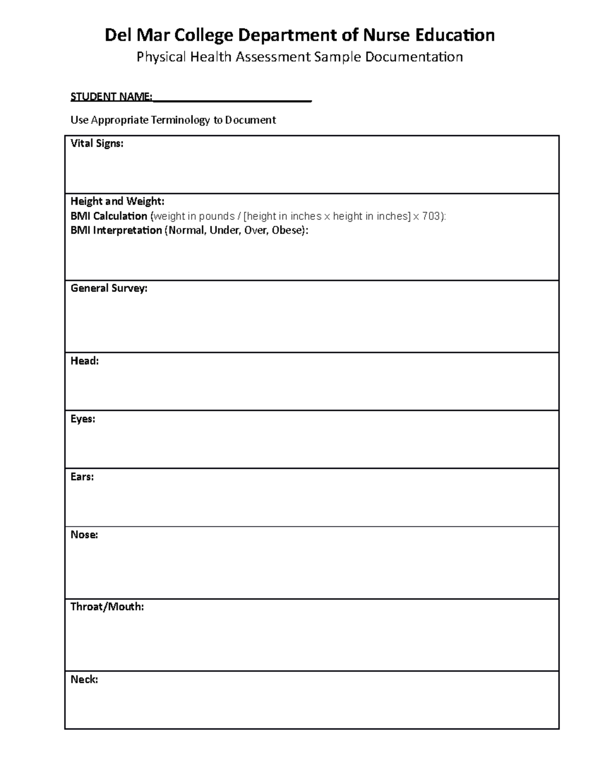 Head To Toe Narrative - Del Mar College Department of Nurse Education ...