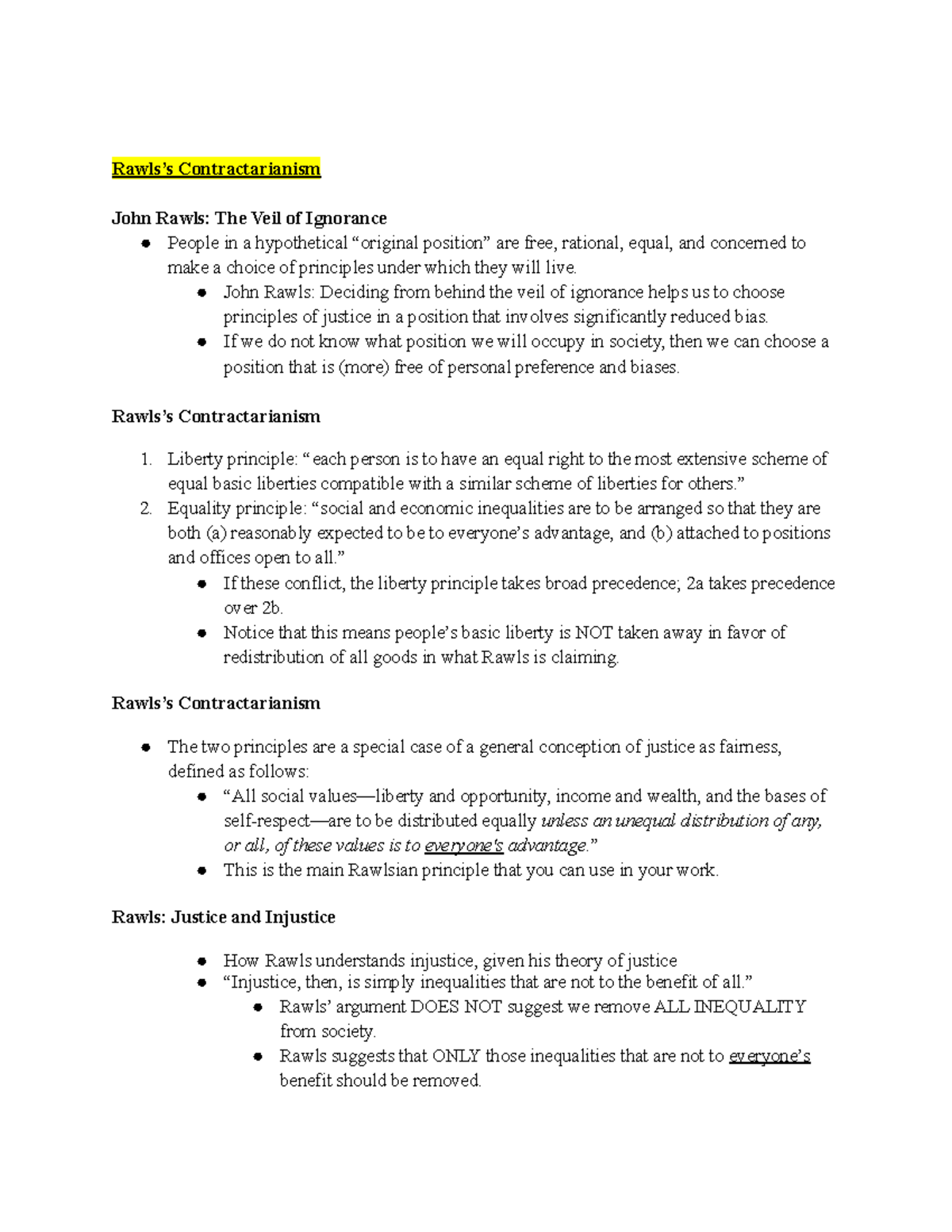 Philosophy Notes: Rawls - Rawls’s Contractarianism John Rawls: The Veil ...