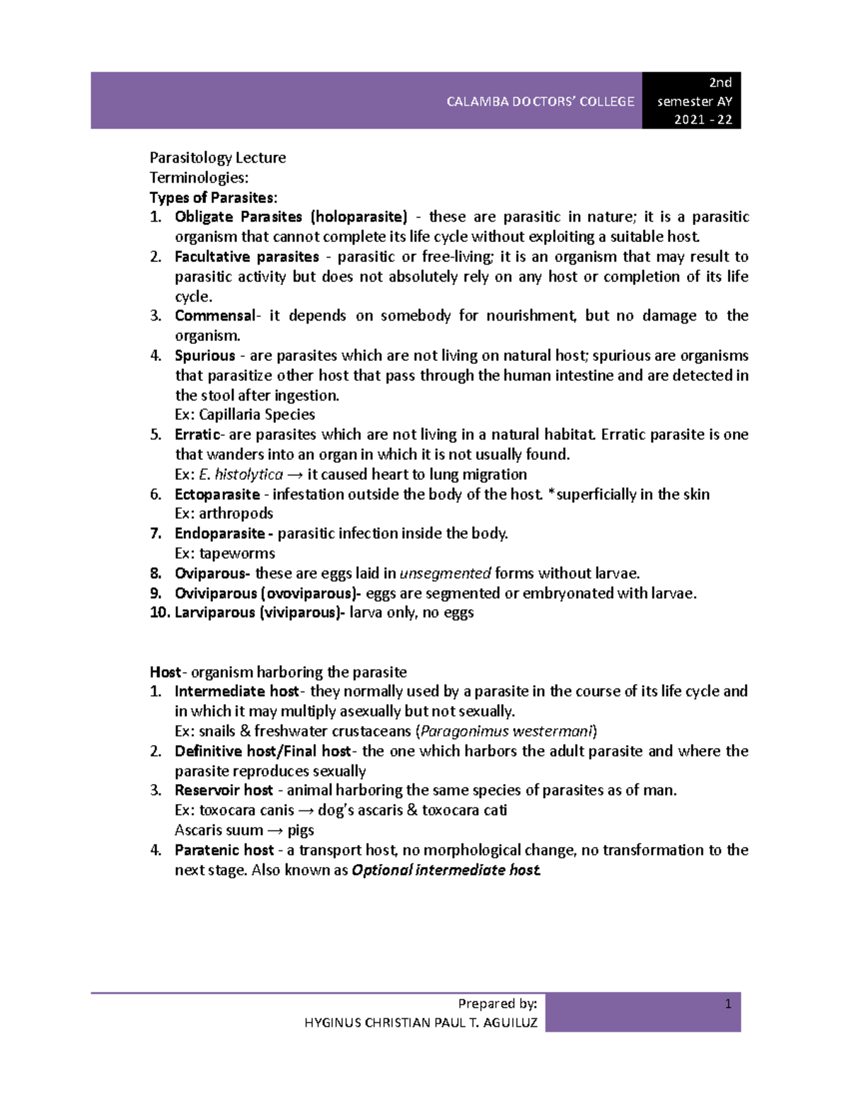 Parasitology lecture 1 student's copy - CALAMBA DOCTORS’ COLLEGE ...