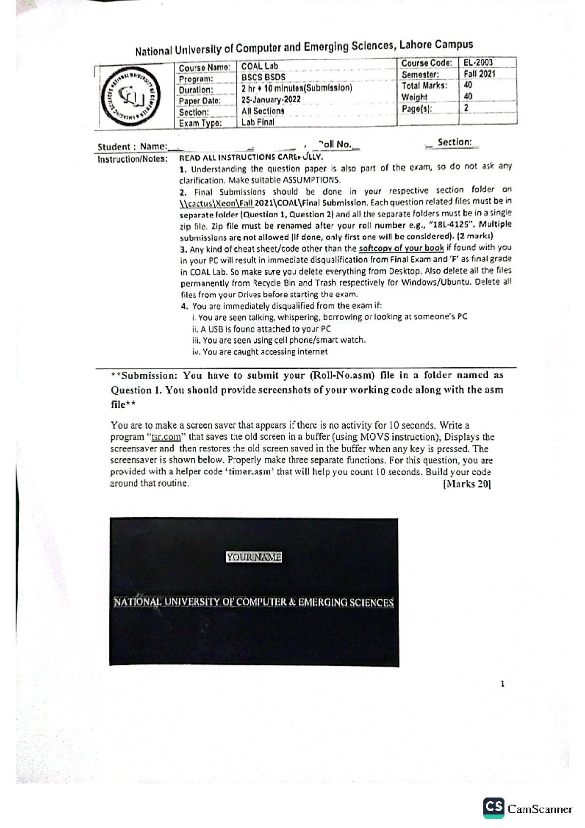 2021 Final Exam - Computer Organization and Assembly Language COAL lab - CamScanner - Studocu