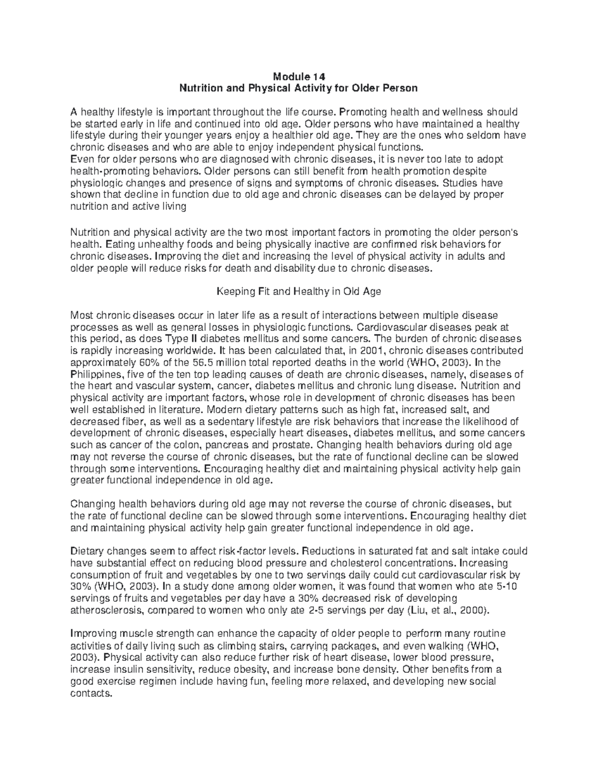 Module 14 - Study Reference - Module 14 Nutrition and Physical Activity ...