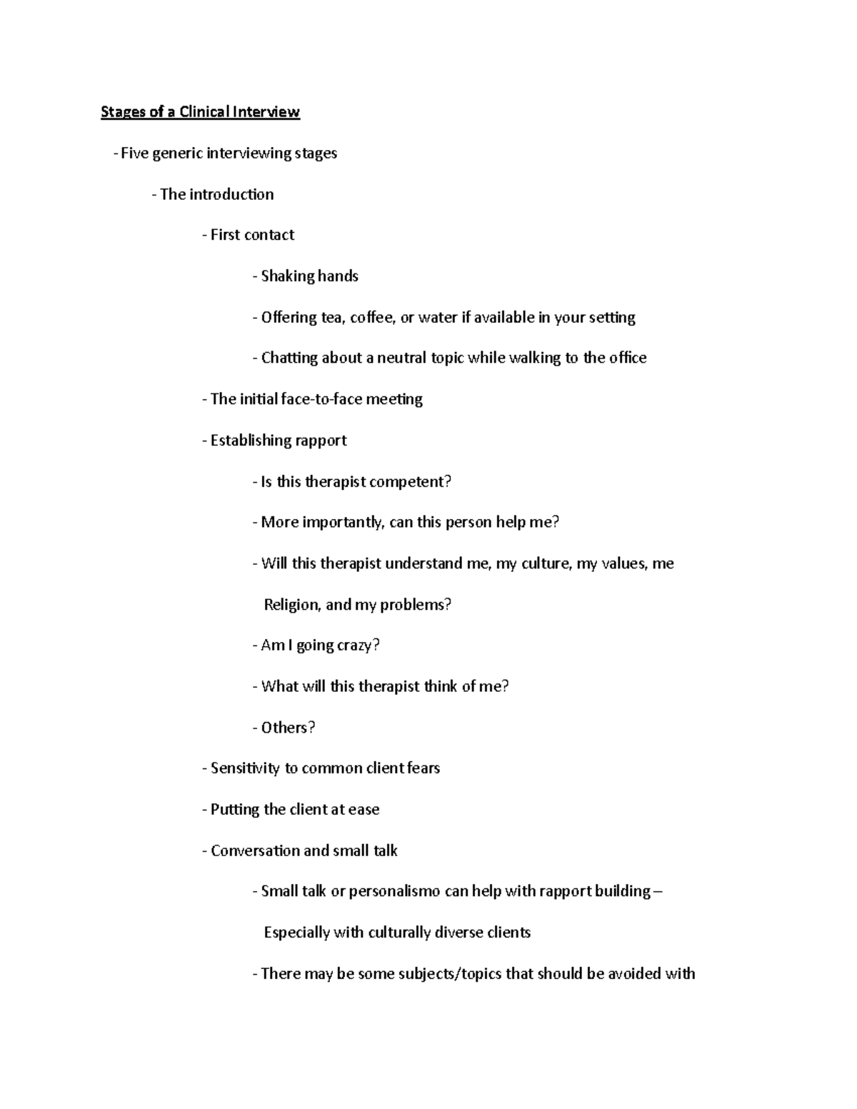 Clinical Interviewing - Chpt 3 - Stages of a Clinical Interview - Five ...